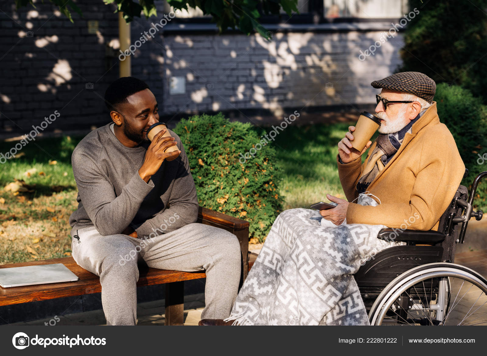 Senior Disabled Man Wheelchair African American Man Drinking Coffee