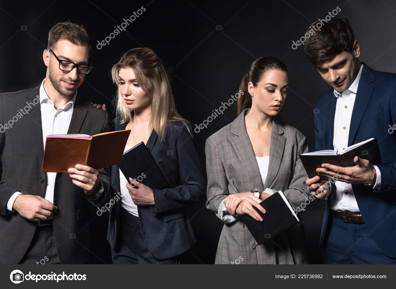 Group Serious Business People Reading Notebooks Together Isolated Black ...