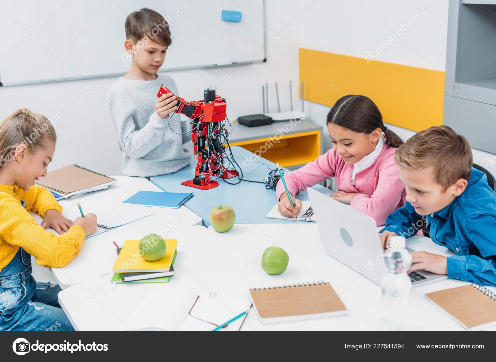 Schoolchildren Writing Using Laptop Working Robot Stem Robotics Lesson ...