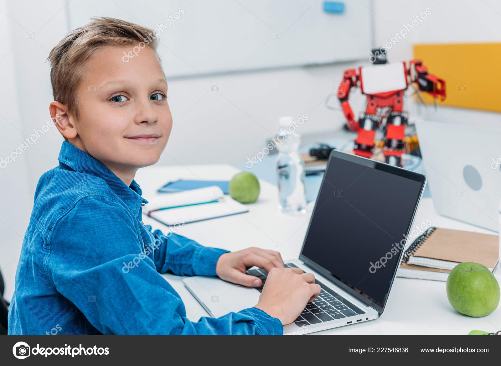 Schoolboy Sitting Table Robot Model Looking Camera Using Laptop Blank ... Schoolboy Sitting Table Robot Model Looking Camera Using Laptop Blank ...
