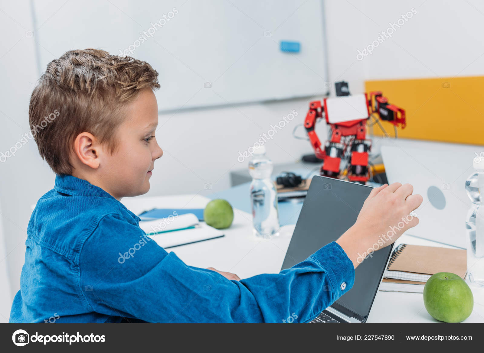 Schoolboy Sitting Table Robot Model Using Laptop Stem Lesson Stock ...