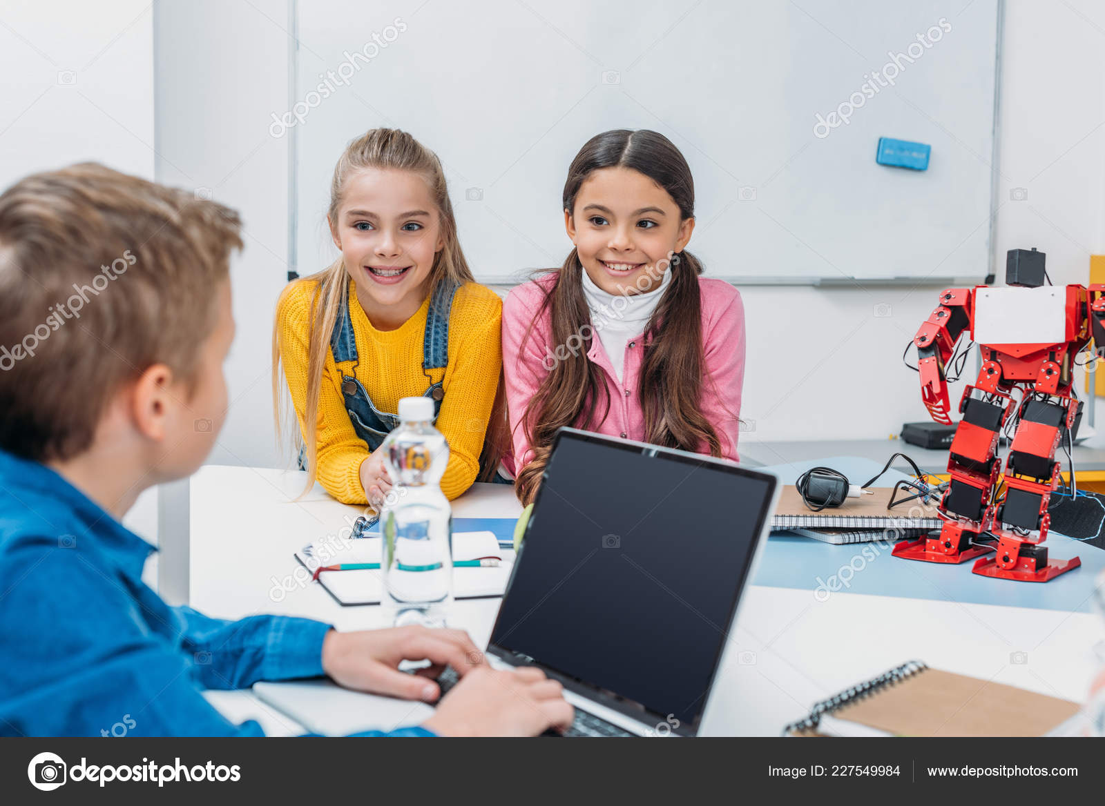 Schoolchildren Programming Robot Together Using Laptop Stem Educational ...