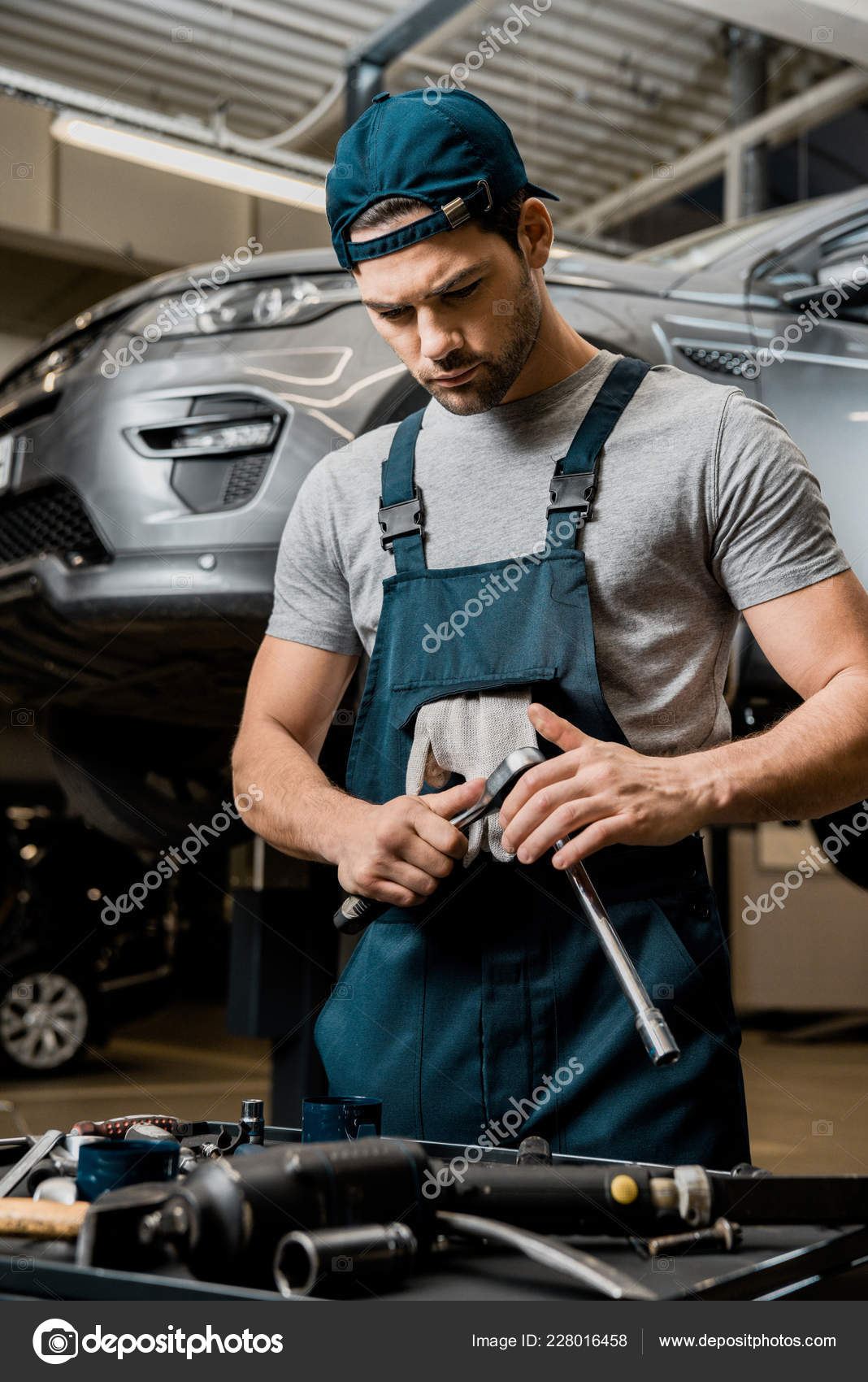 Portrait Auto Mechanic Uniform Lug Wrench Auto Repair Shop Stock Photo ...