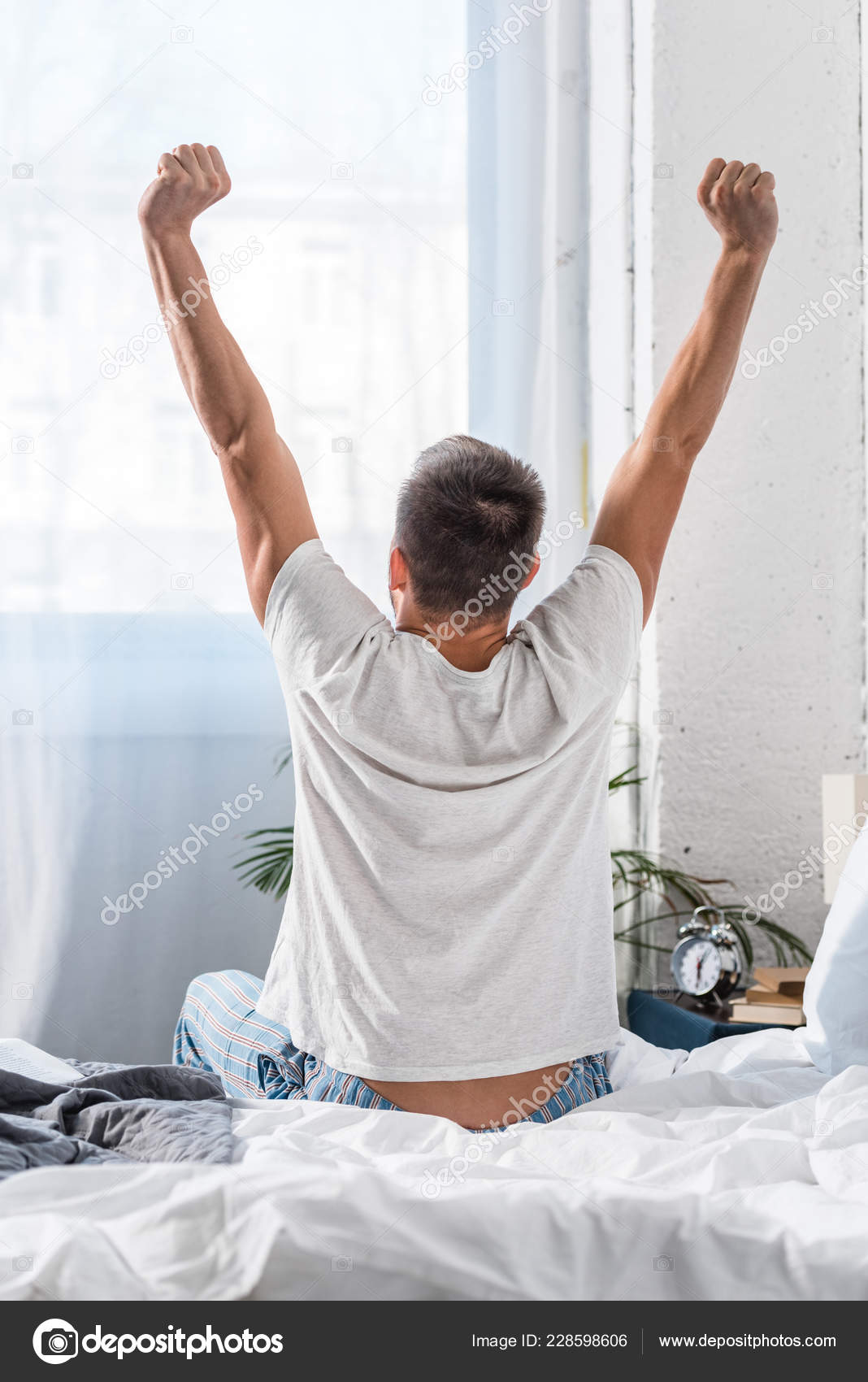 Back View Man Stretching Morning Bedroom — Free Stock Photo ...