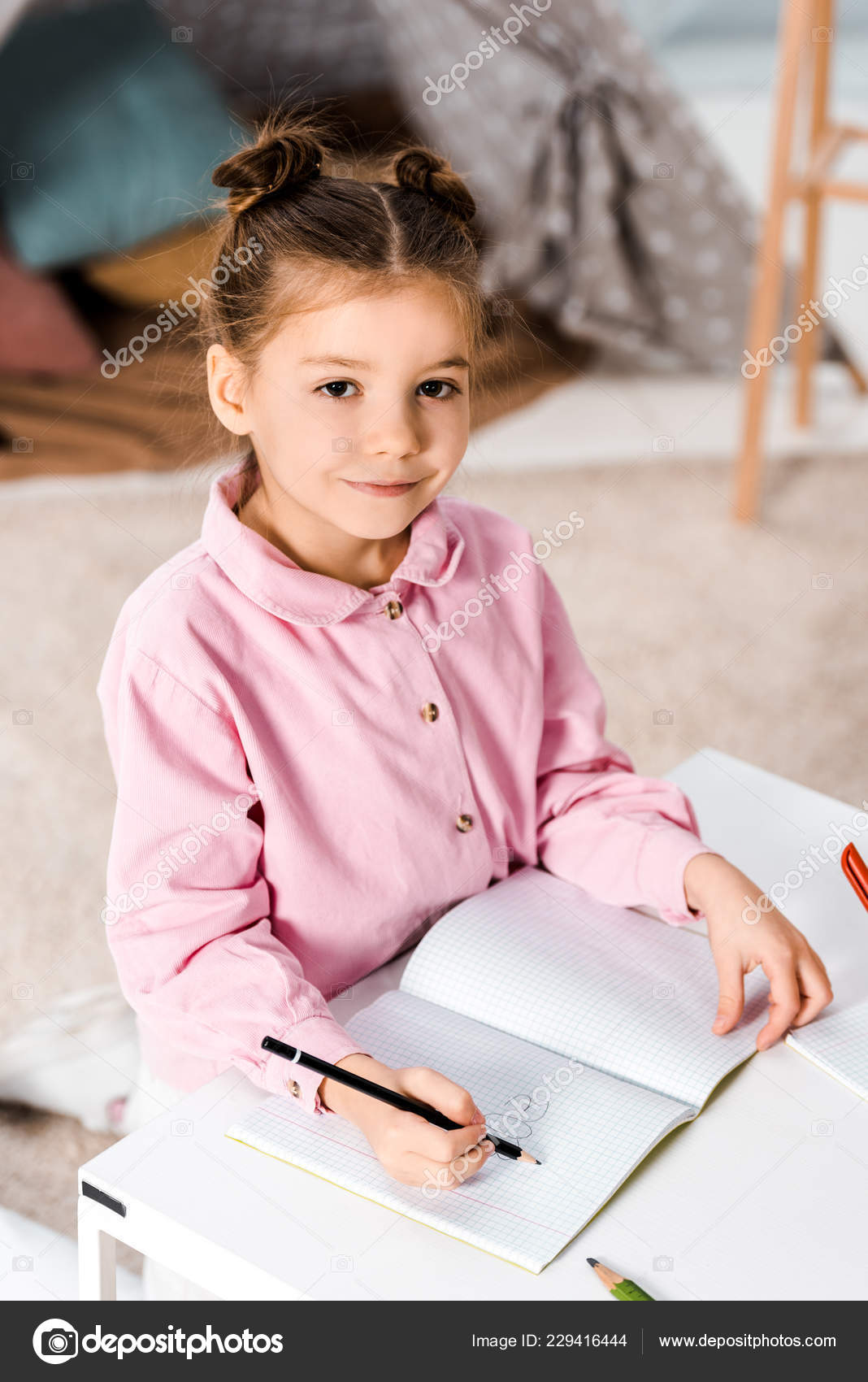 Adorable Child Writing Pencil Smiling Camera — Stock Photo ...