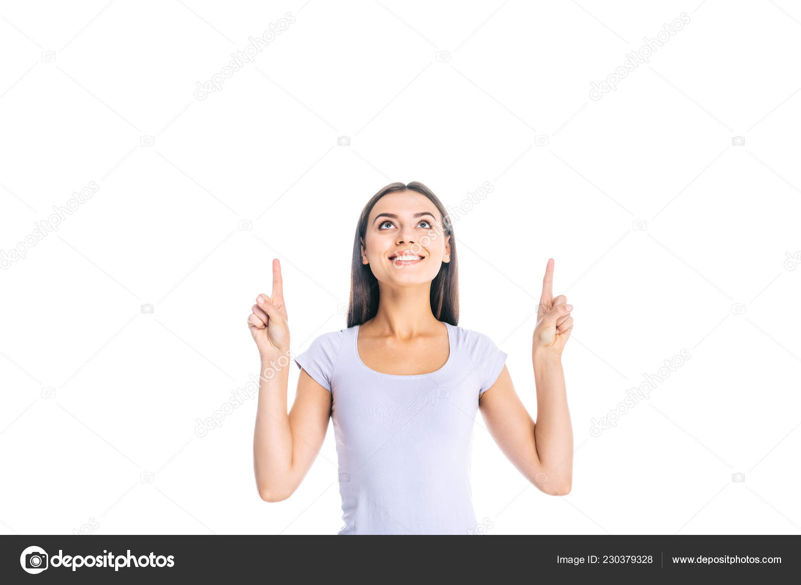 Portrait Smiling Young Woman Pointing Away Isolated White — Free Stock ... Portrait Smiling Young Woman Pointing Away Isolated White — Free Stock ...