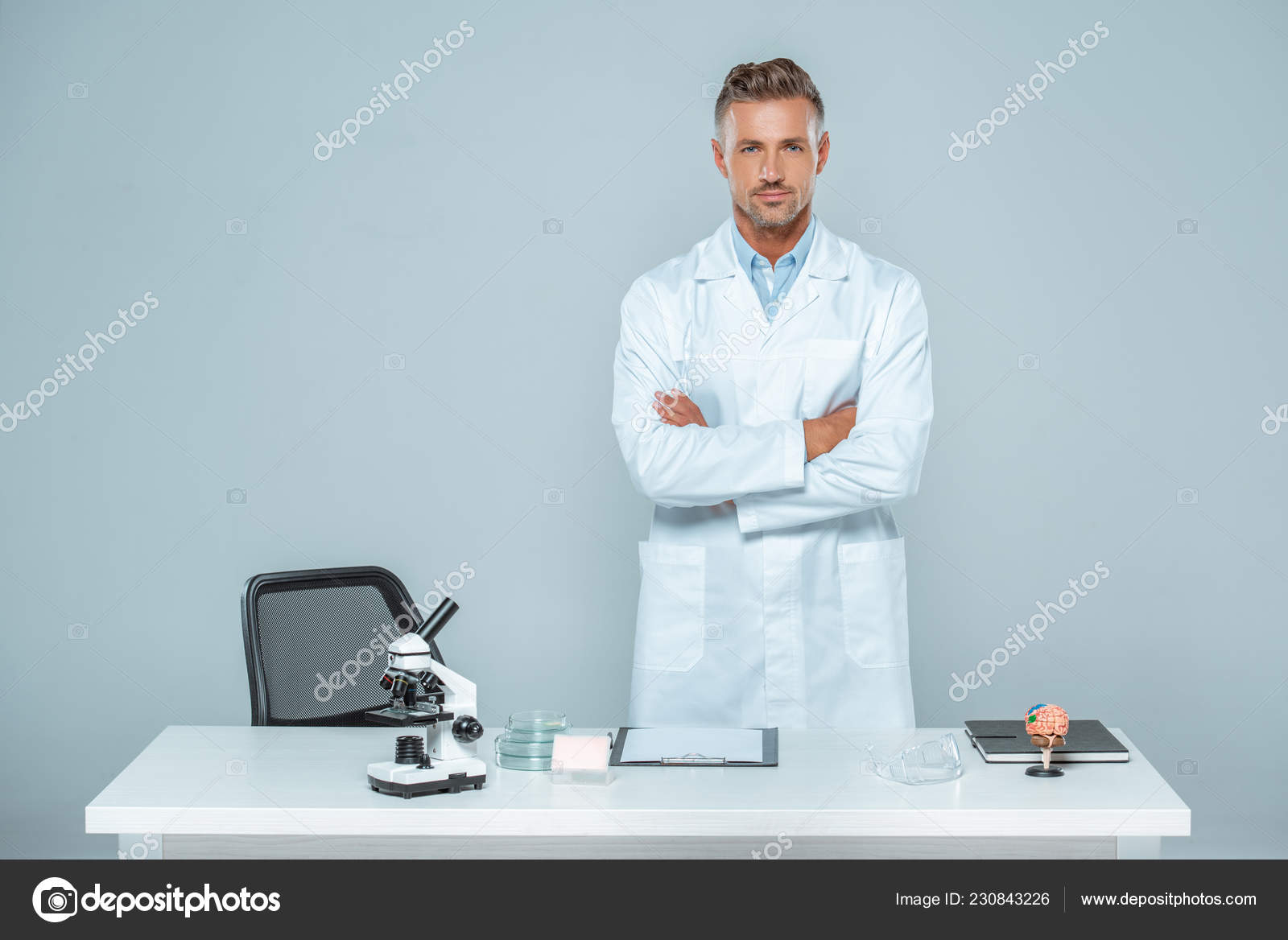 Handsome Scientist Standing Crossed Arms Table Isolated White — Stock ...