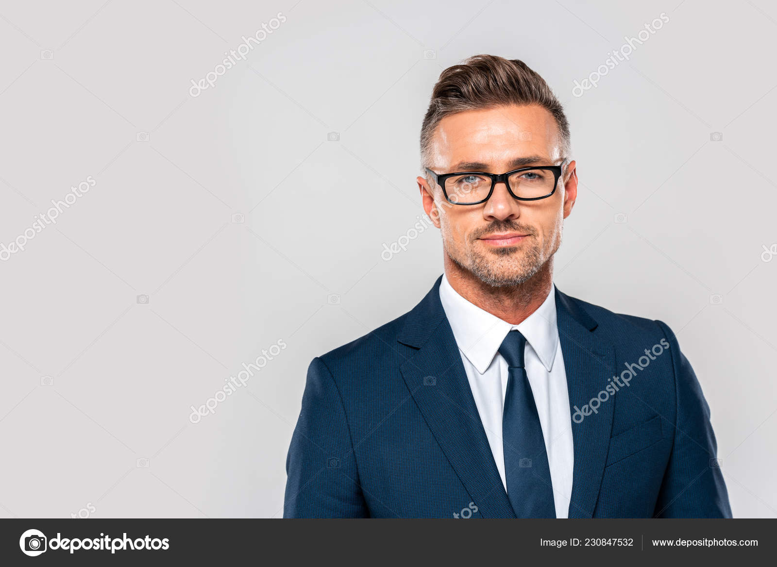 Portrait Handsome Businessman Suit Glasses Looking Camera Isolated