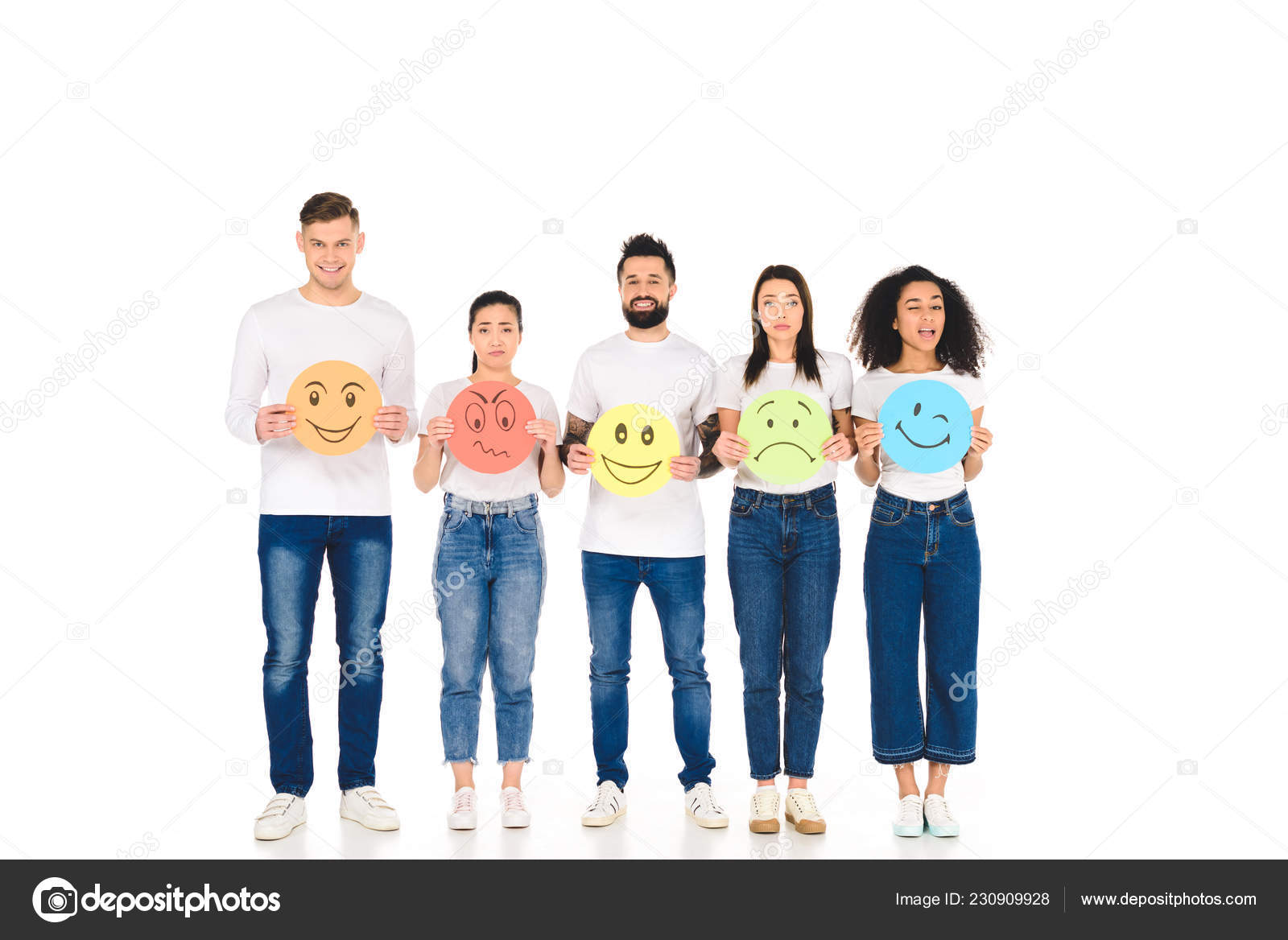 Multicultural Friends Holding Different Multicolored Signs Face ...