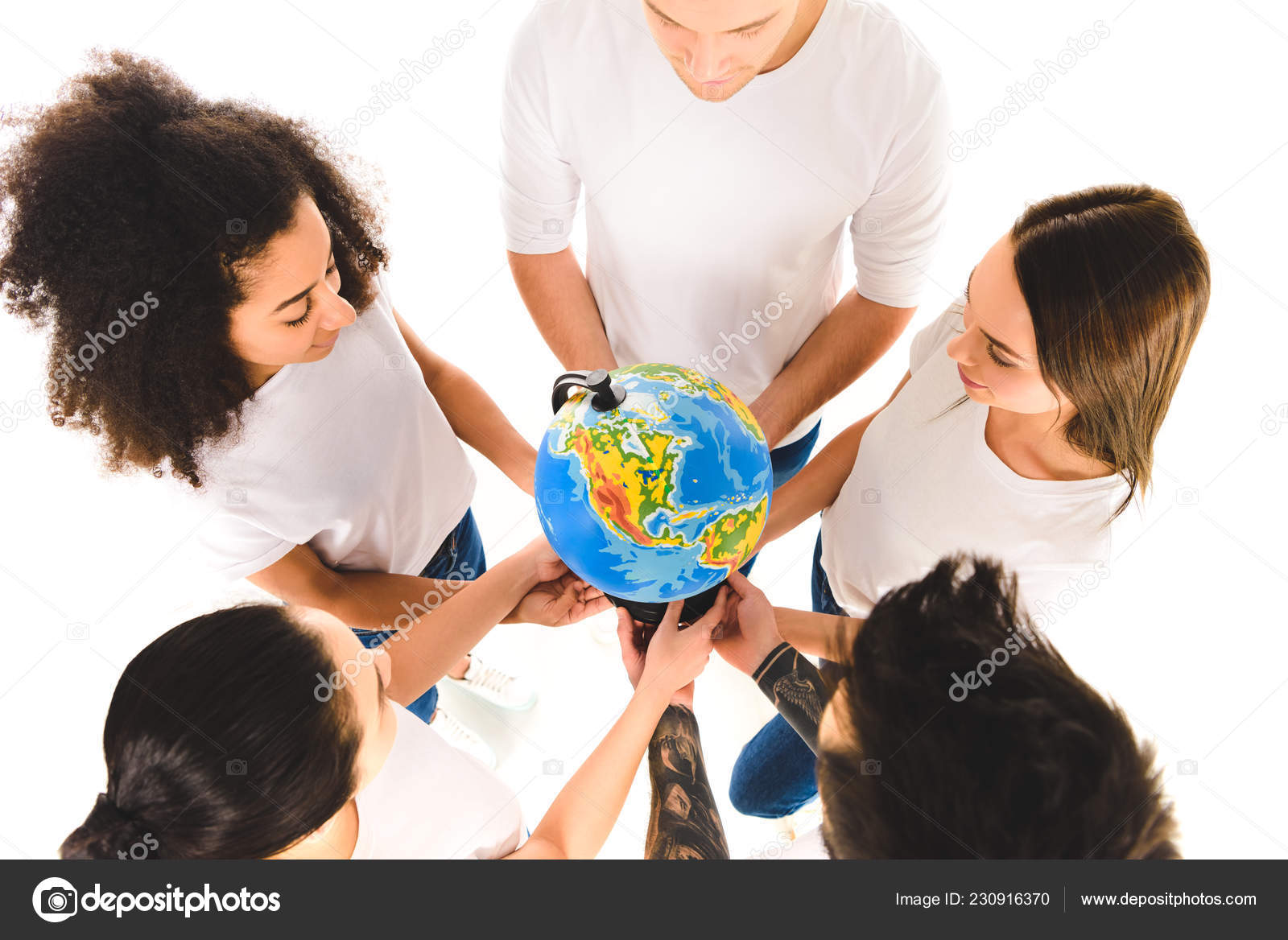 Overhead View Multicultural Group Holding Globe Standing Circle ...