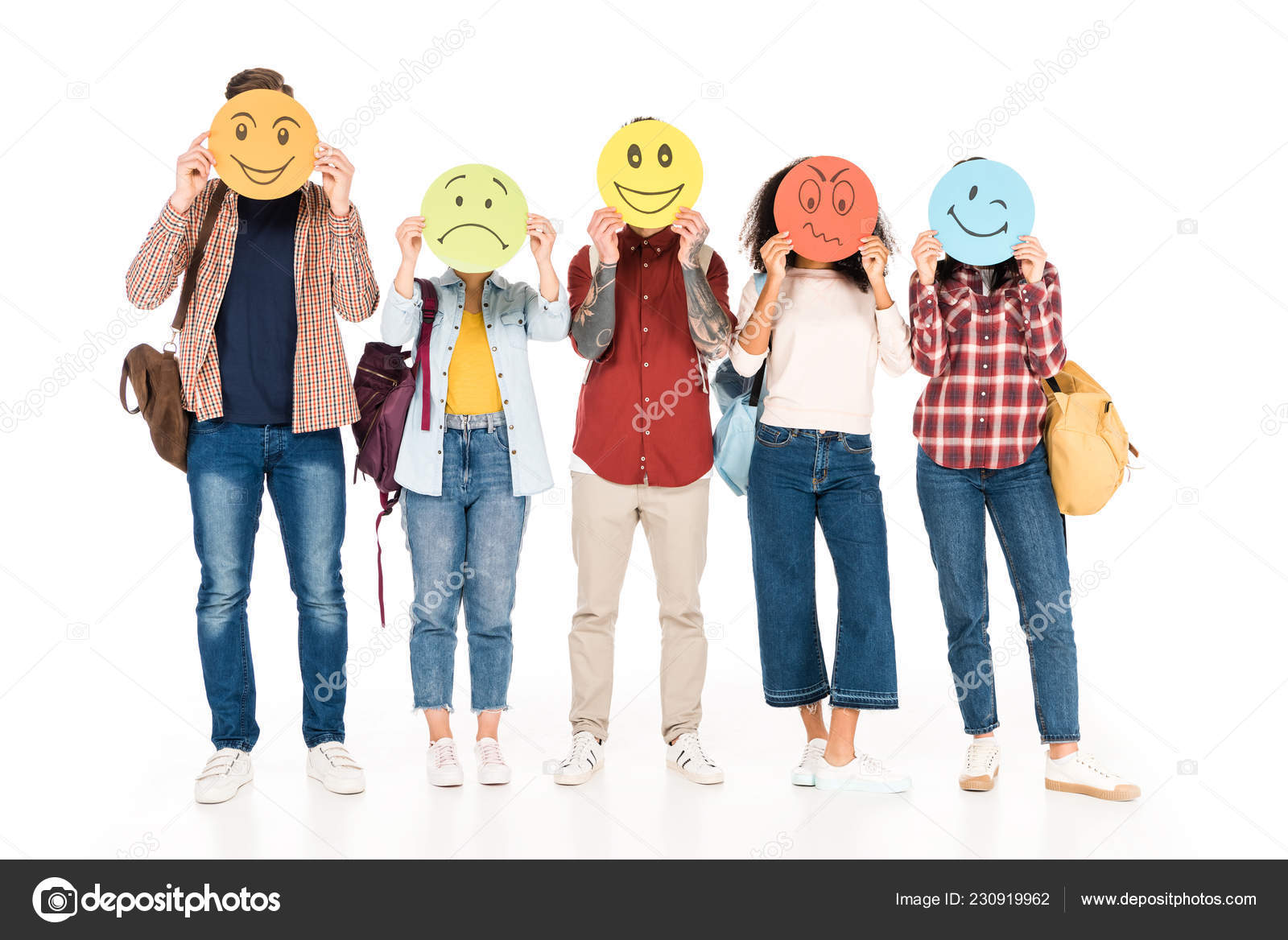 Group Young People Showing Emotions Cards Isolated White Stock Photo by ...