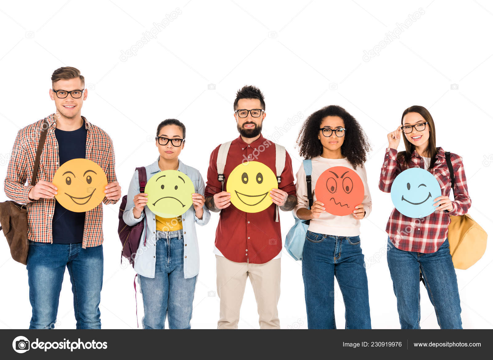 Multicultural Group Young People Showing Emotions Cards Isolated White ...