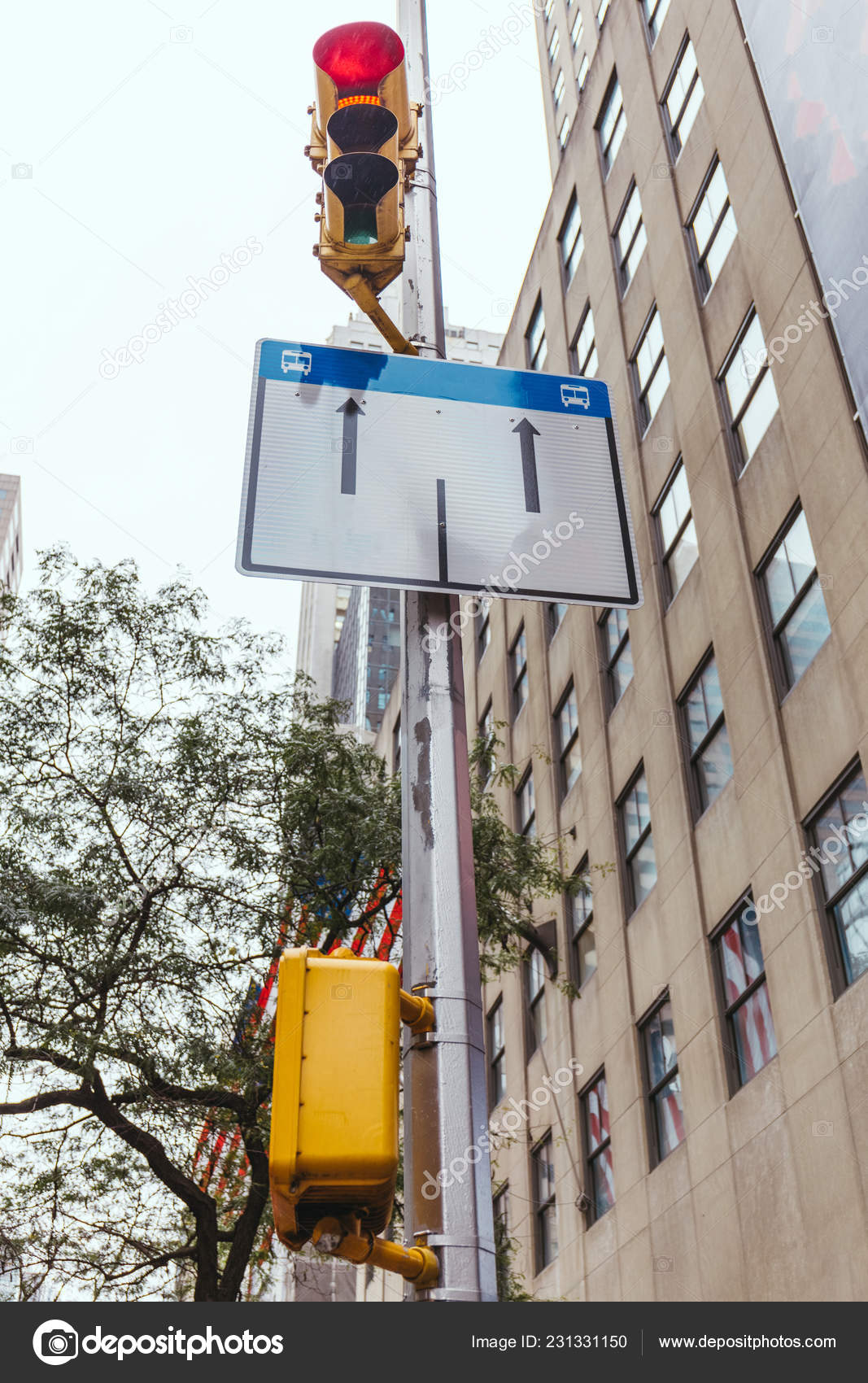 Urban Scene Buildings Traffic Light Road Sign New York City Stock Photo ...