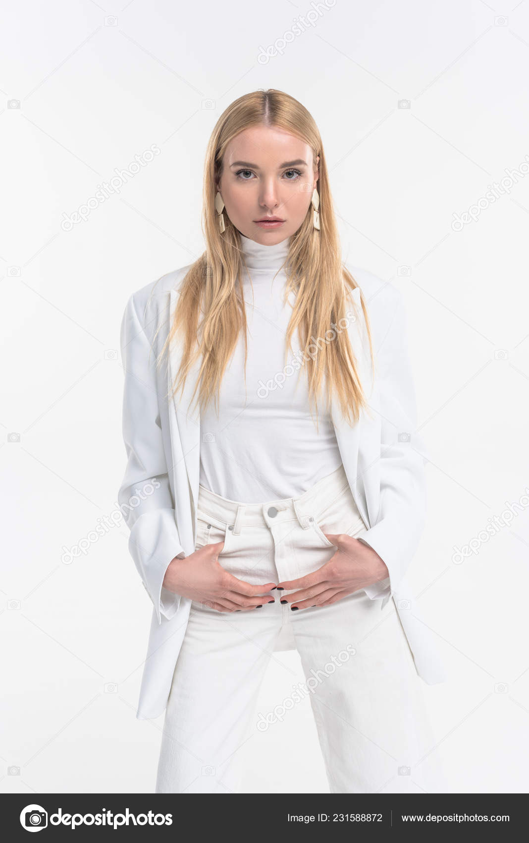 Attractive Caucasian Blonde Woman Fashionable White Clothes Looking