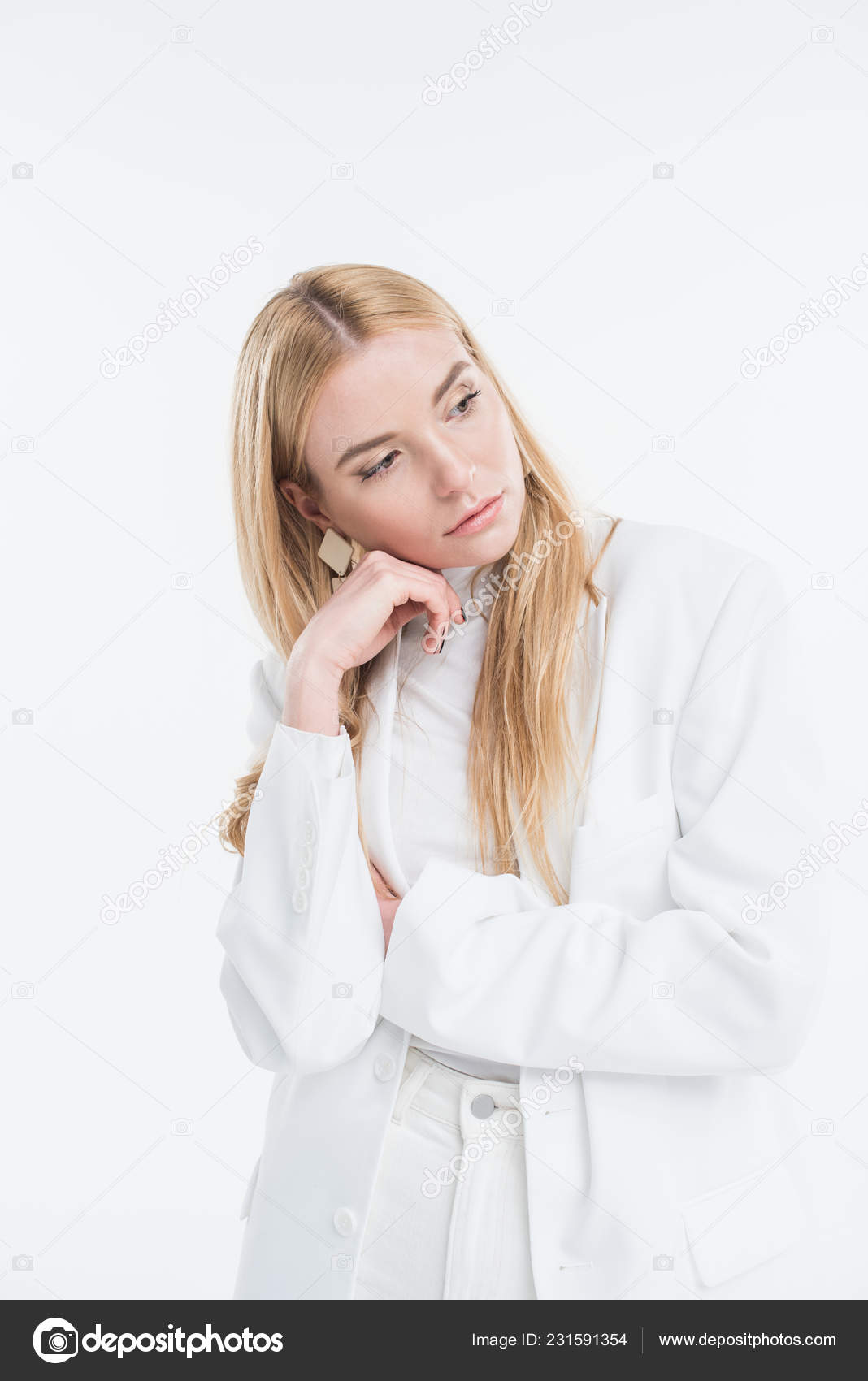 Pensive Attractive Caucasian Blonde Woman Fashionable White Clothes