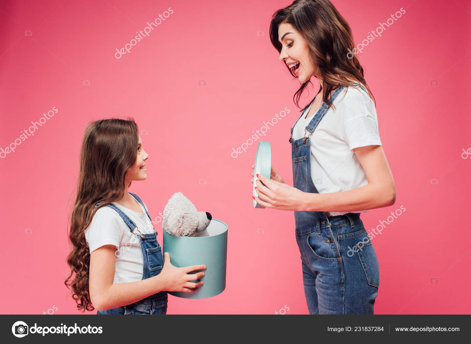 Excited Mother Opening Gift Box Teddy Bear Isolated Pink — Stock Photo ...