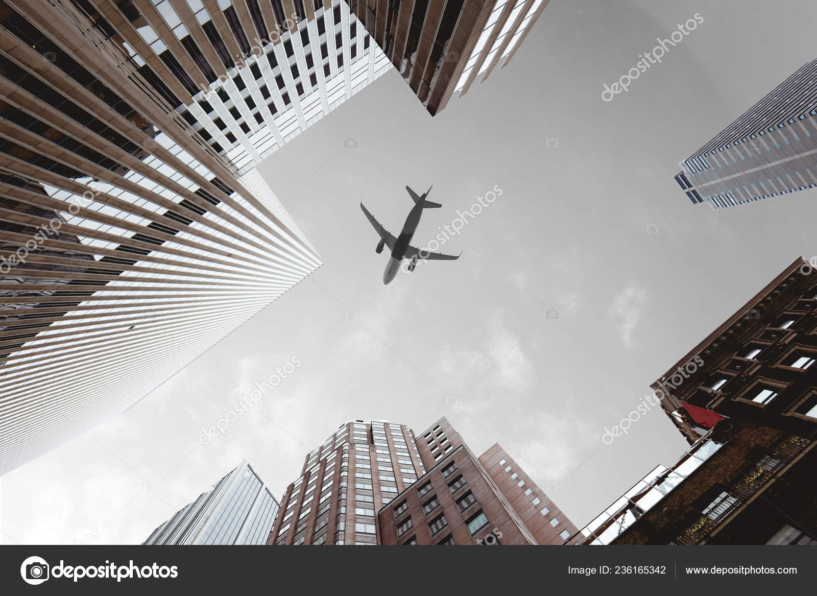 Bottom View Skyscrapers Airplane Cloudy Sky New York City Usa Stock ...