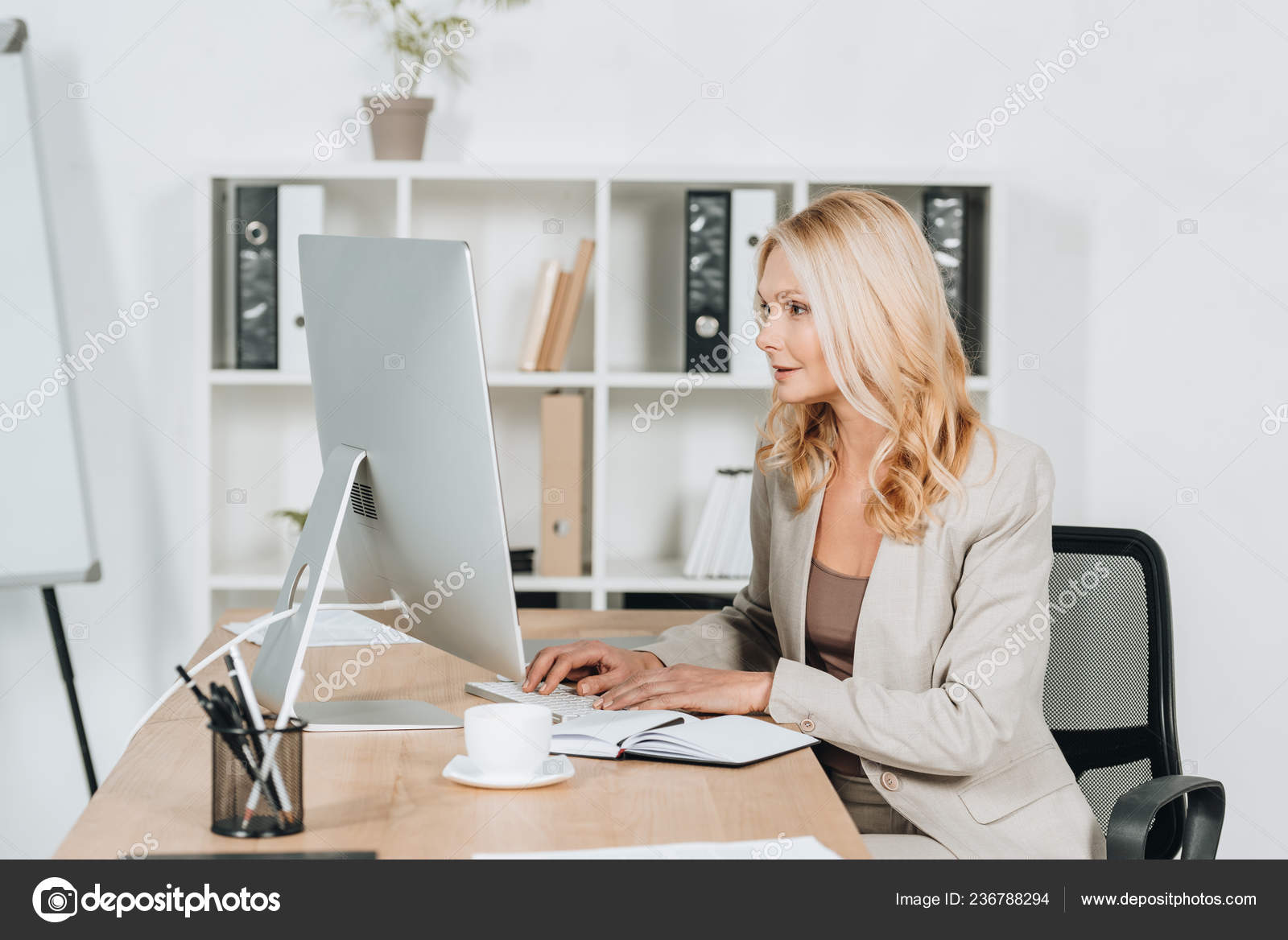 Beautiful Professional Businesswoman Working Desktop Computer Office ...