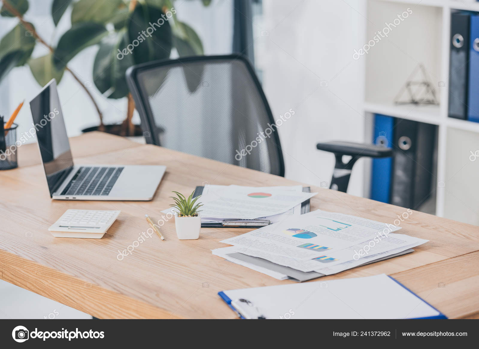 Selective Focus Table Laptop Documents Chairs Office — Stock Photo ...