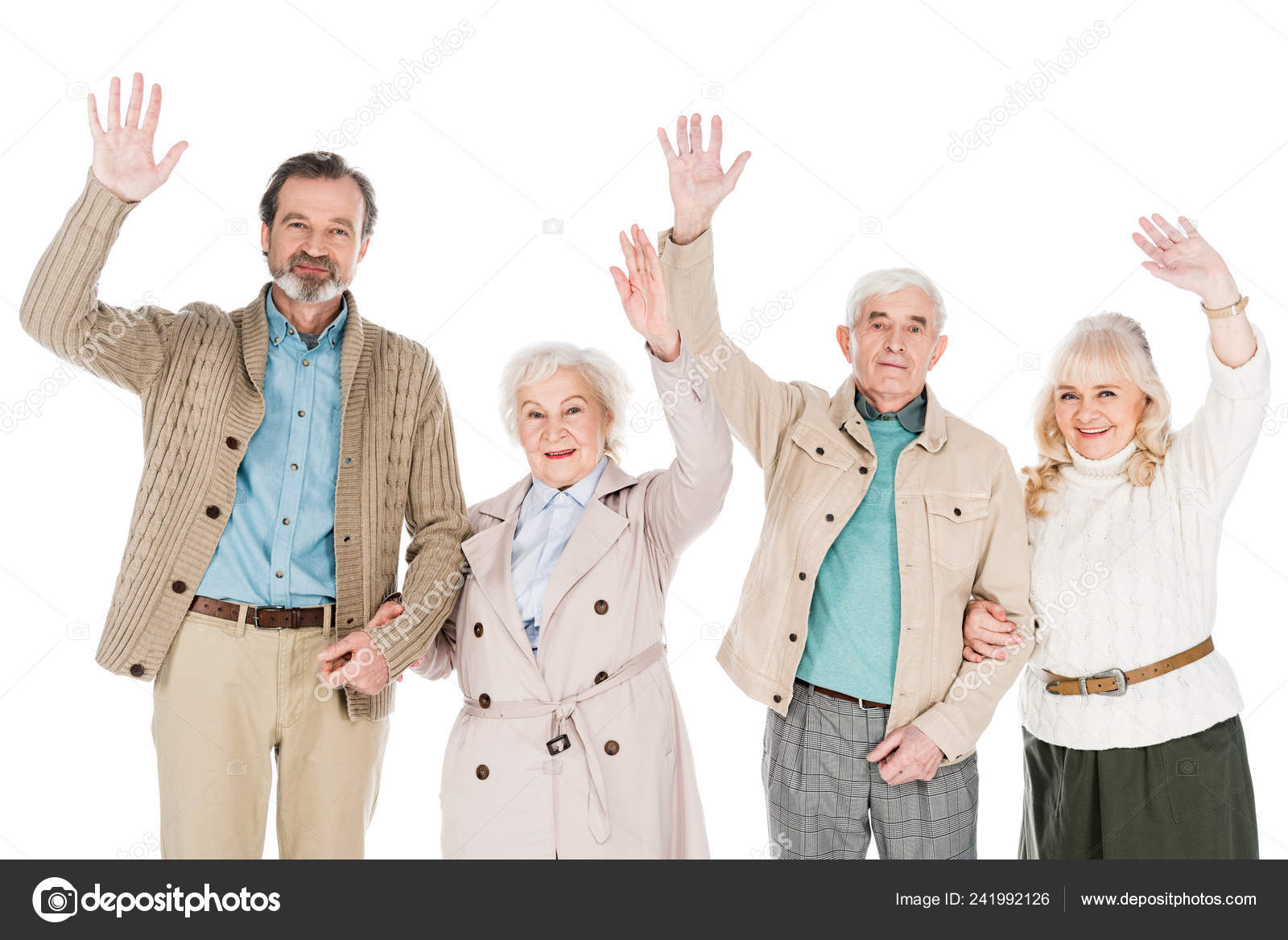Cheerful Retired People Waving Hands Isolated White Stock Photo by ...