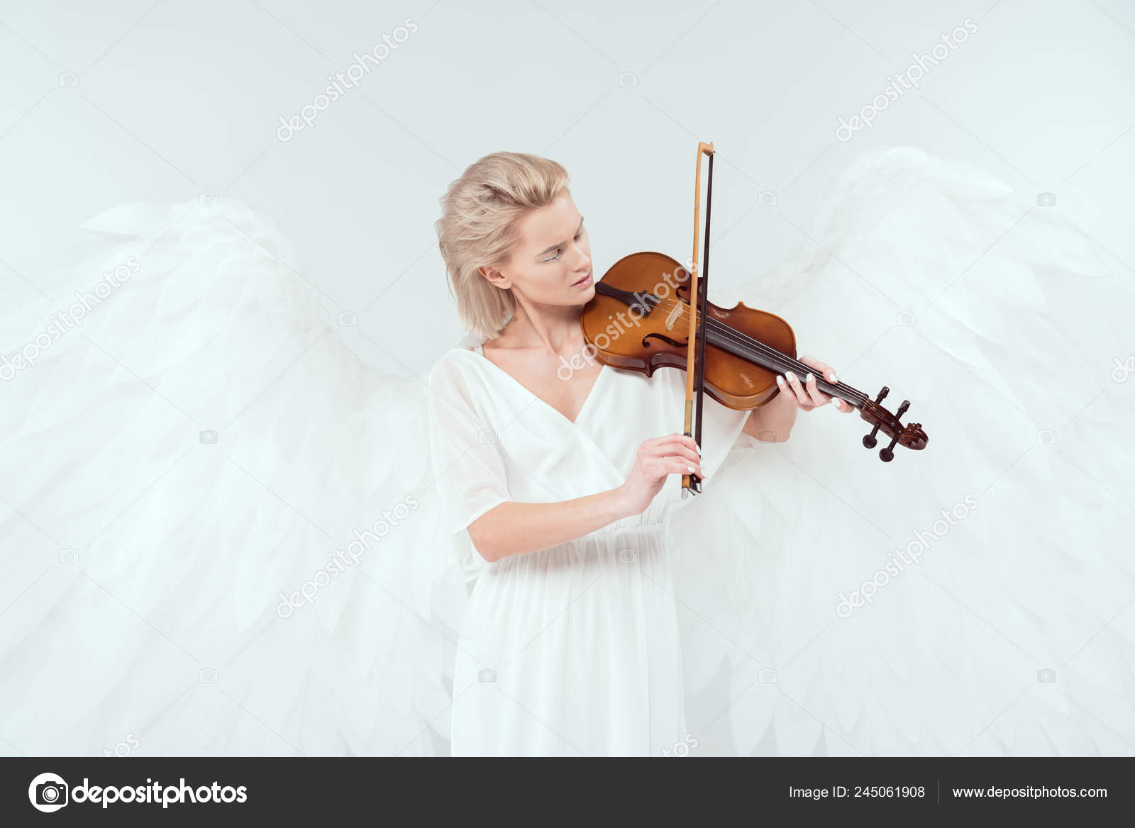 Beautiful Woman Angel Costume Wings Playing Violin Isolated White ... Beautiful Woman Angel Costume Wings Playing Violin Isolated White ...