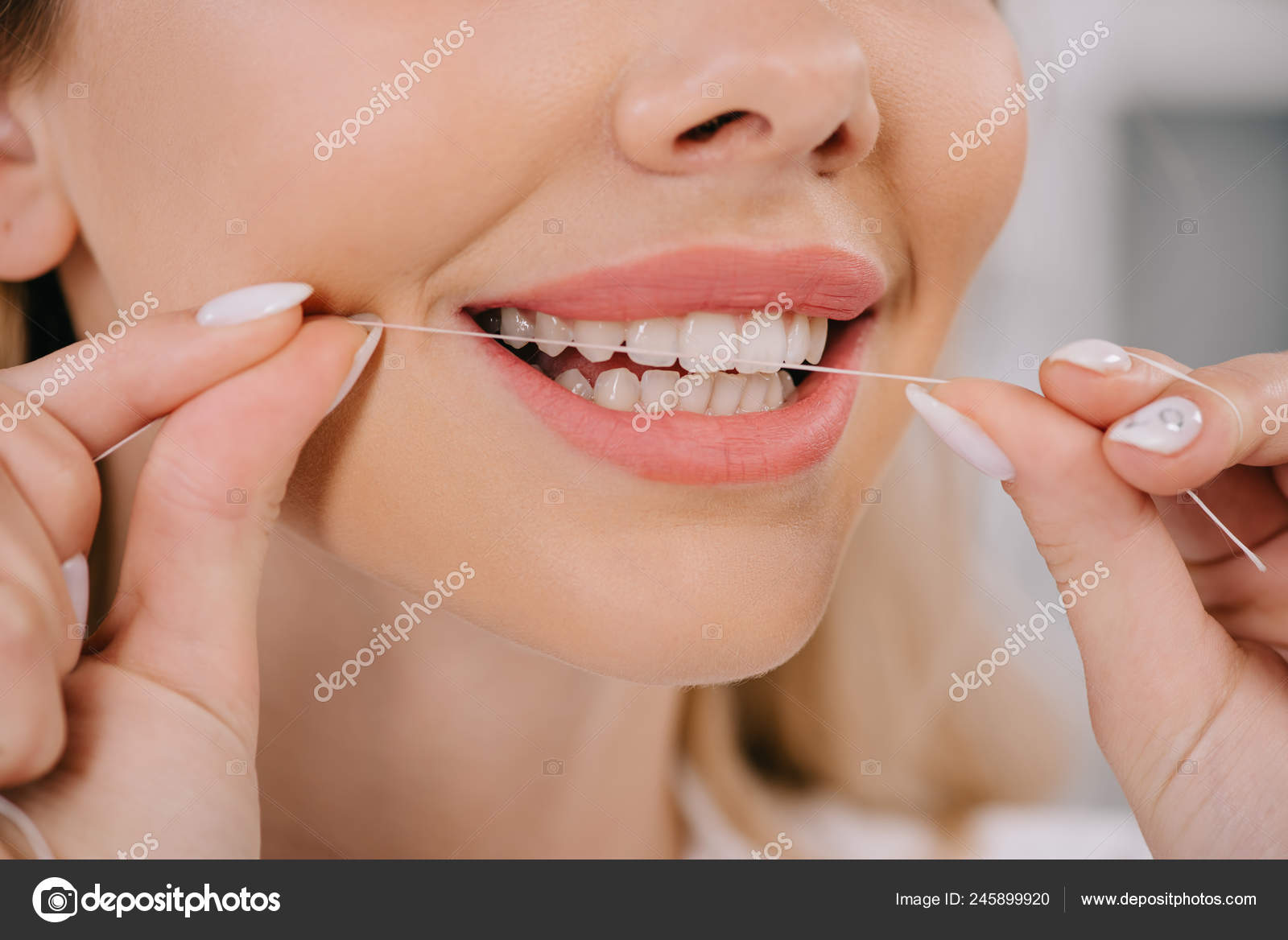 Partial View Woman Flossing Teeth Dental Floss Stock Photo by ...