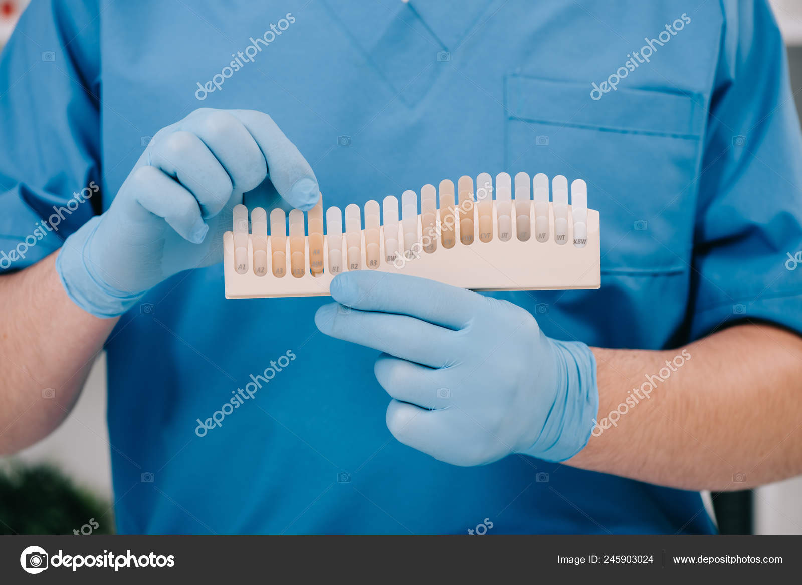 Cropped View Dentist Holding Teeth Color Palette Clinic Teeth Whitening ...