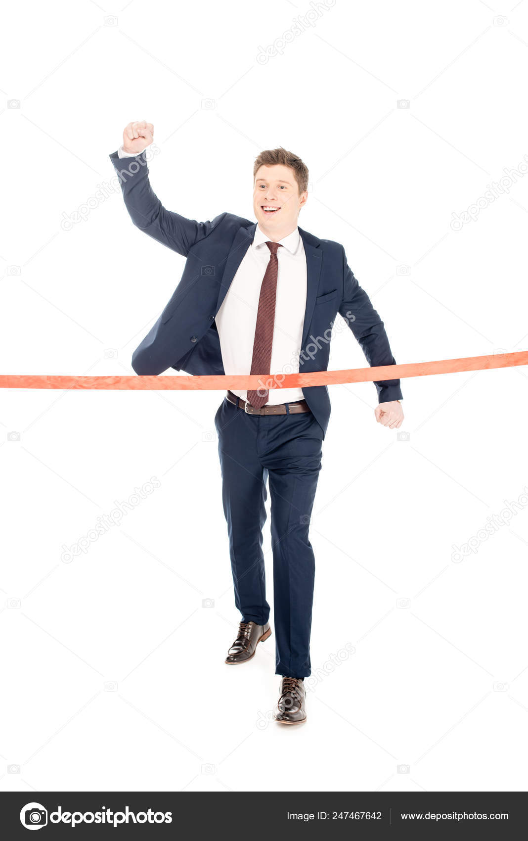 Successful Young Businessman Running Red Finishing Line Isolated White ...