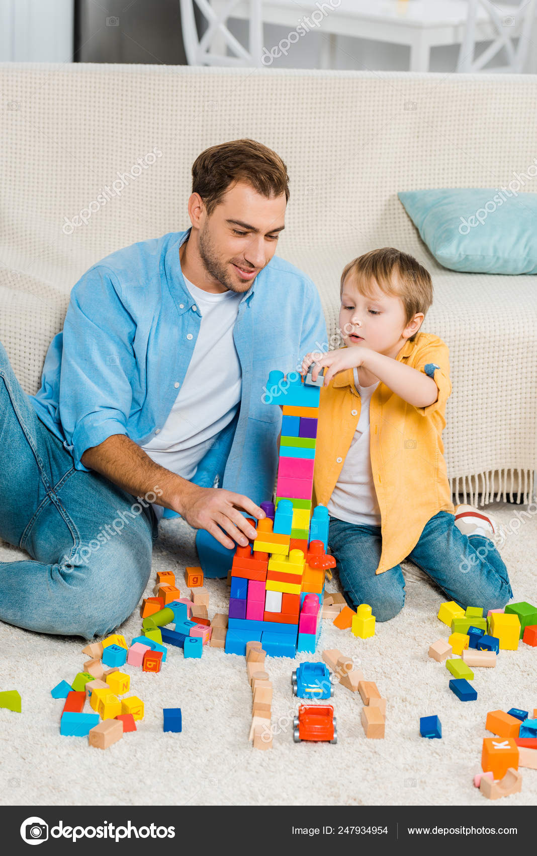 Father Adorable Preschooler Son Playing Colorful Building Blocks Home ...