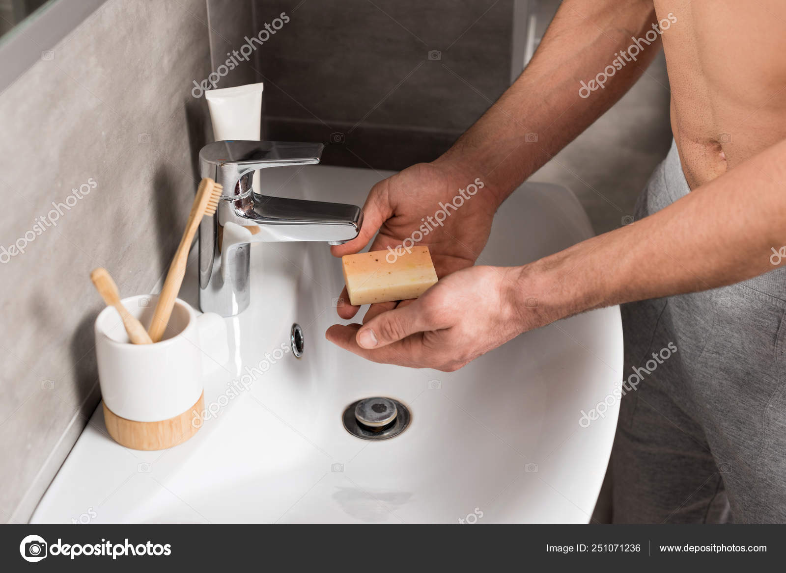 Cropped View Man Holding Soap Sink While Standing Bathroom Stock Photo ...