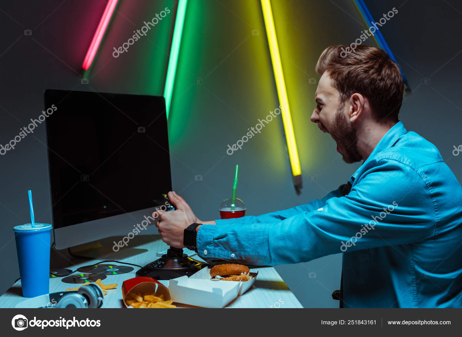Handsome Angry Man Screaming Holding Joystick Looking Computer Monitor ...