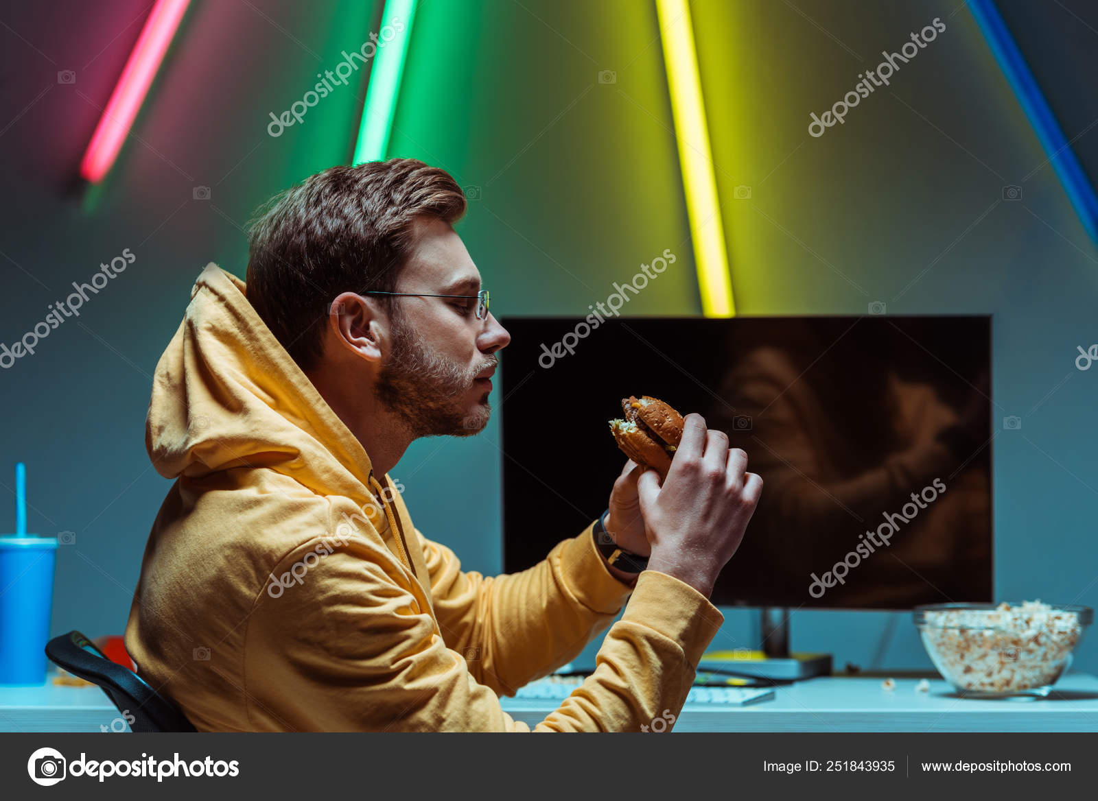 Side View Handsome Young Adult Man Eating Tasty Burger Looking Stock ...