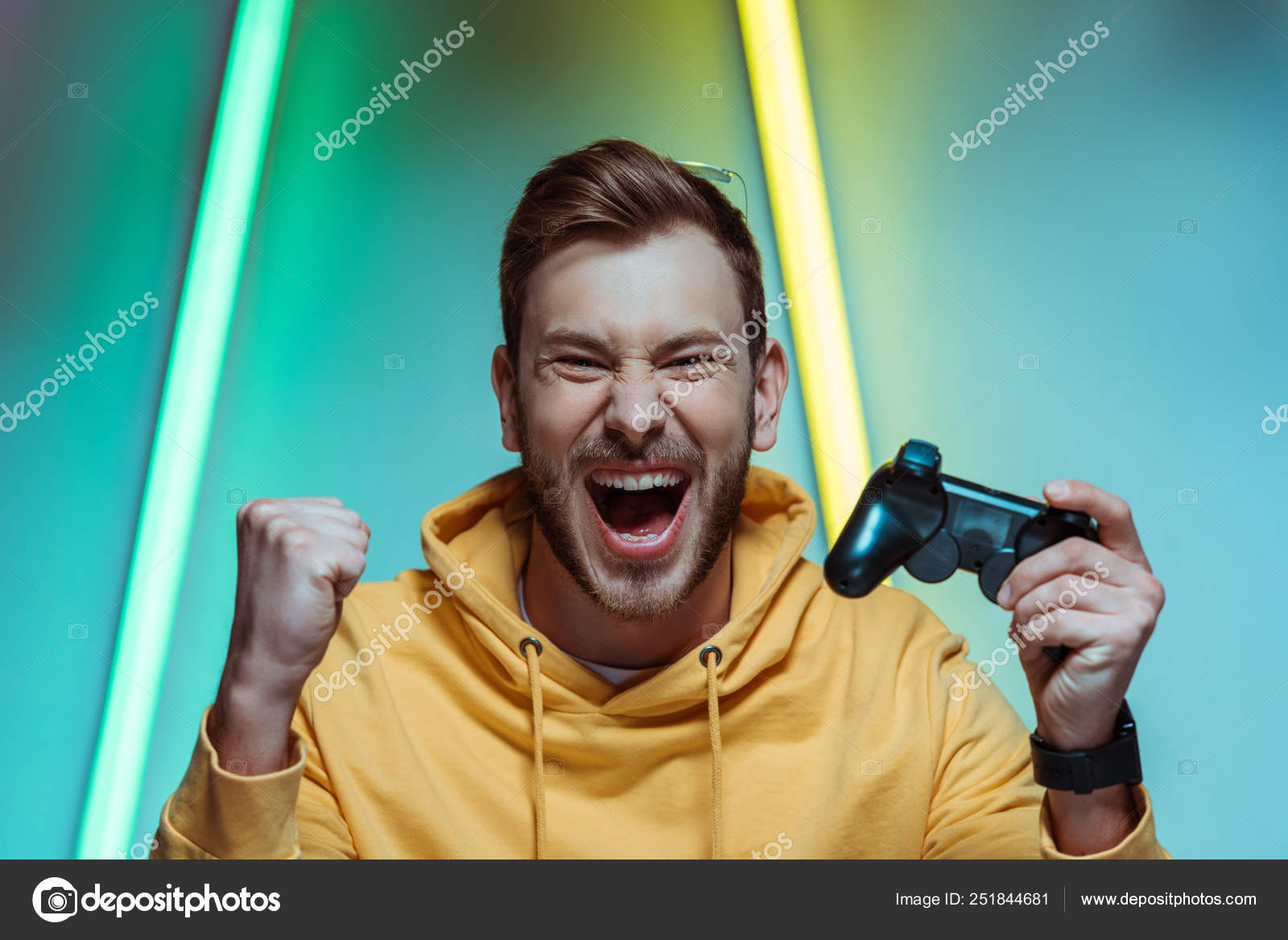 Handsome Screaming Man Looking Camera Holding Gamepad — Stock Photo ...