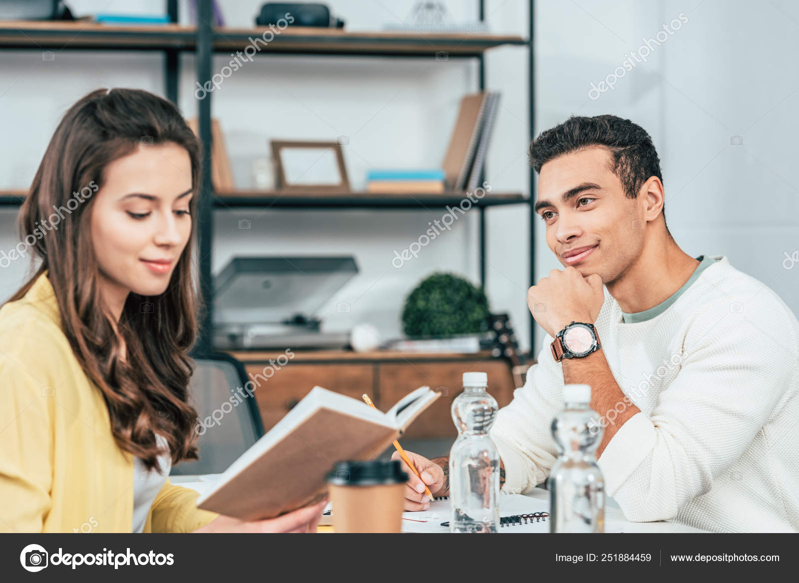 Two Multiethnic Students Sitting Desk Books Studying Together — Stock ...