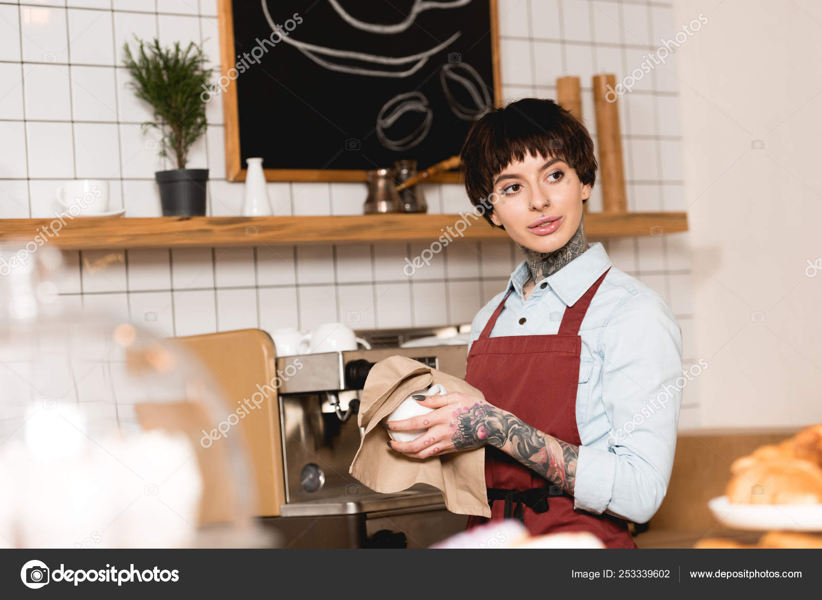Selective Focus Pretty Barista Wiping Cup While Standing Espresso ...