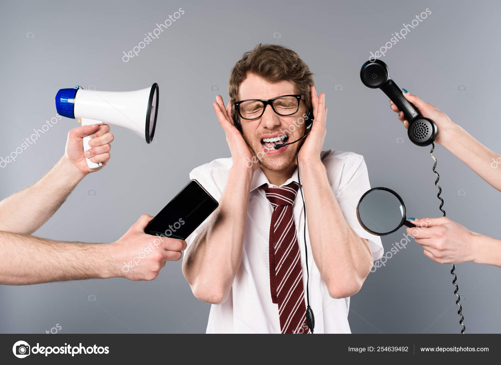 Stressed Call Center Operator Headset Screaming Megaphone Smartphone ...