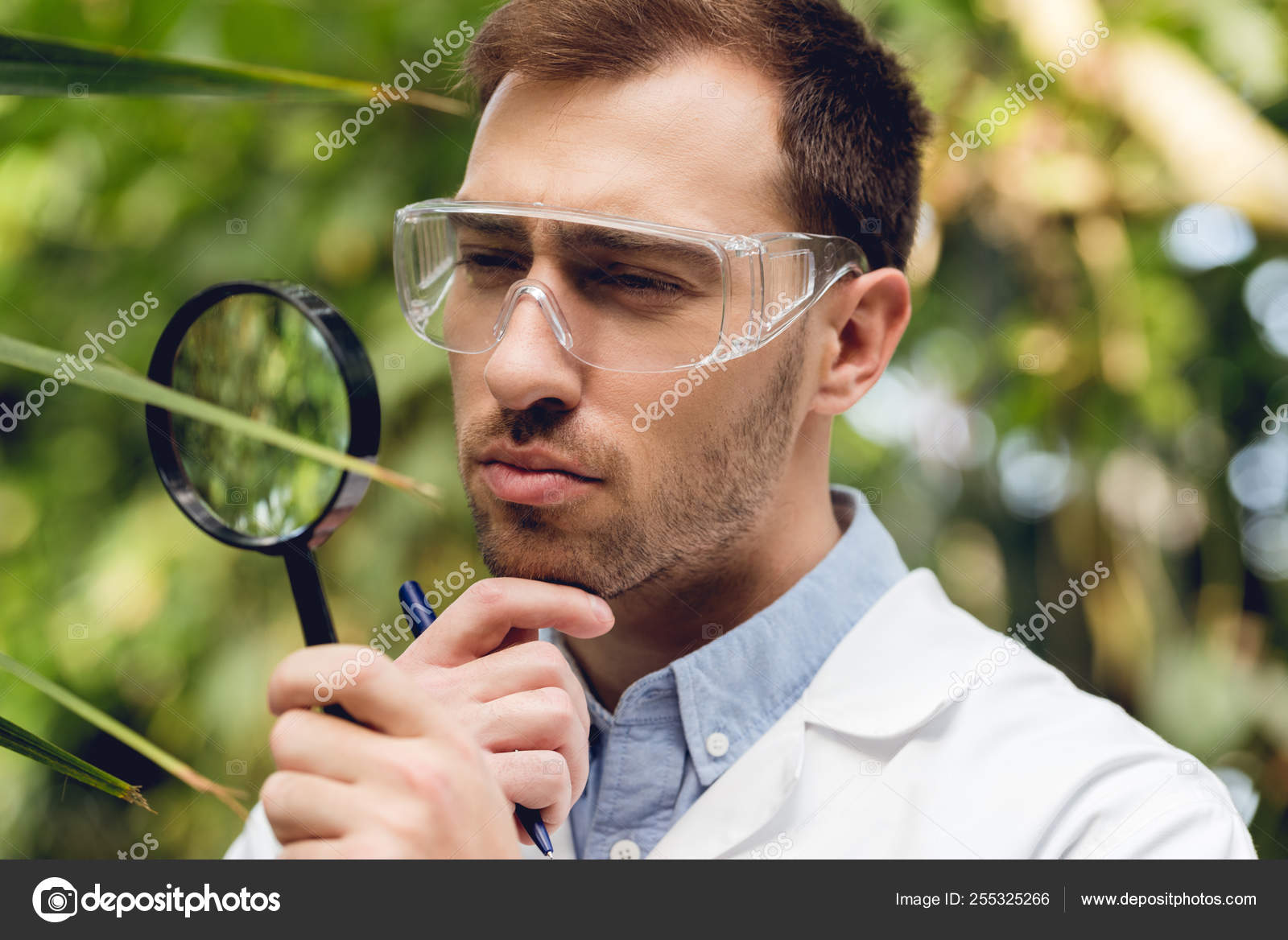 Thoughtful Scientist White Coat Goggles Examining Plants Loupe Green ...