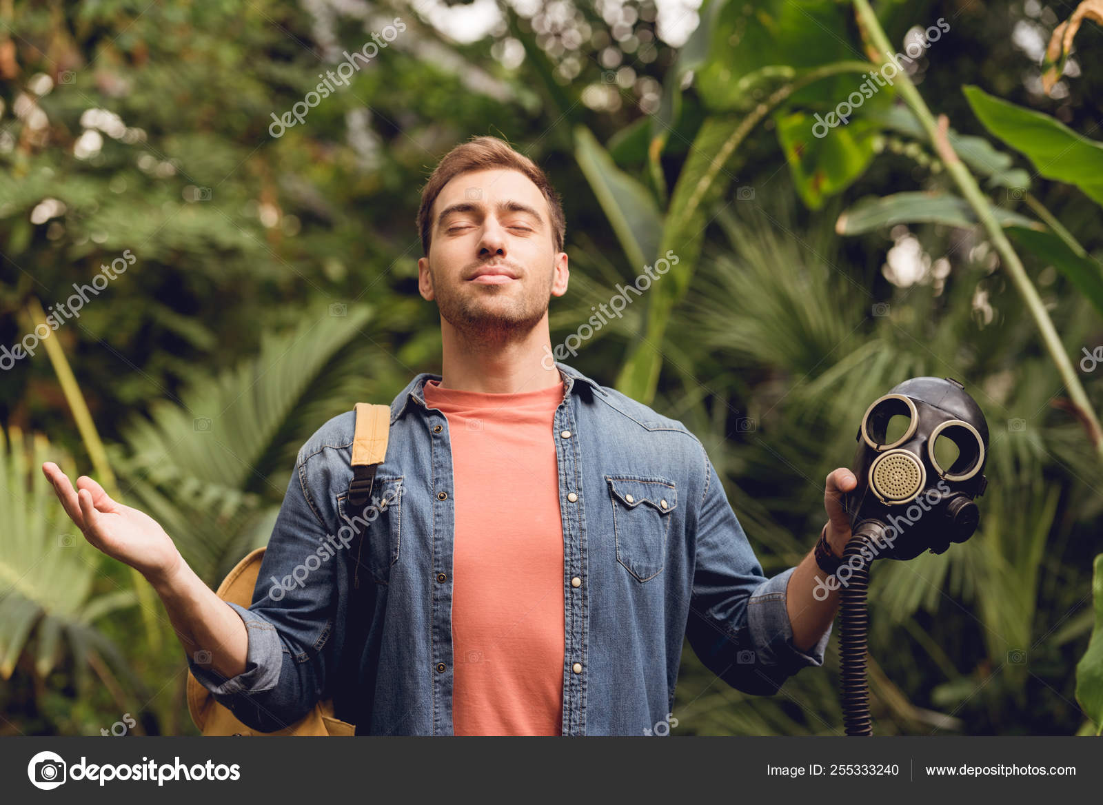 Smiling Traveler Backpack Closed Eyes Breathing Fresh Air While Holding ...