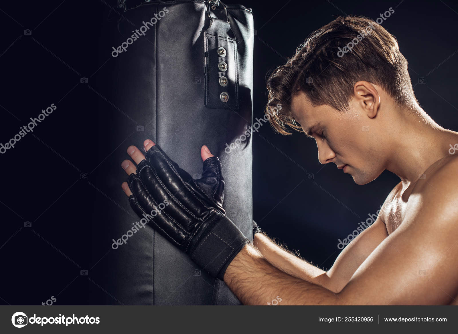 Side View Boxer Holding Punching Bag Closed Eyes Black Stock Photo by ...
