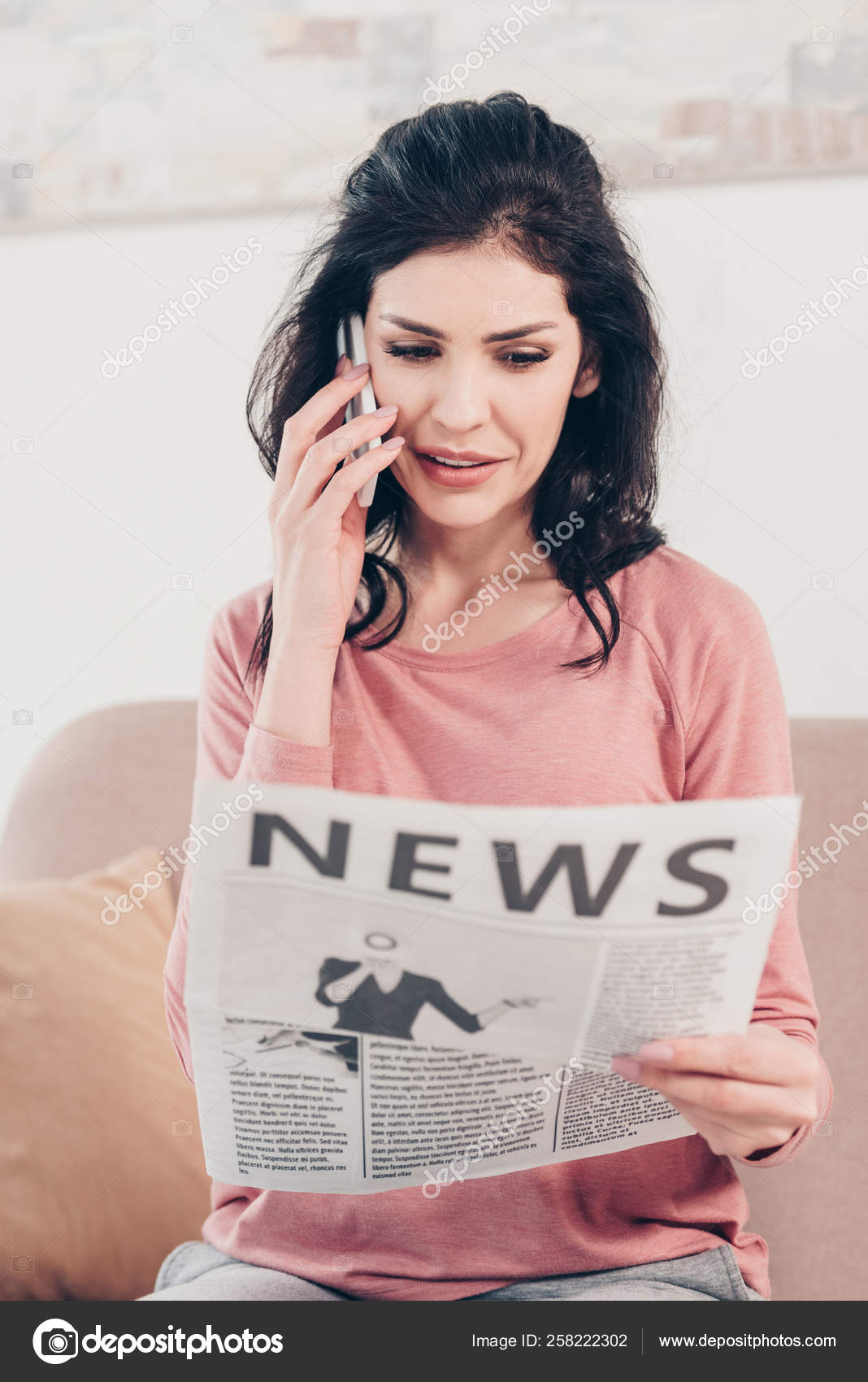 Beautiful Woman Talking Smartphone Reading Newspaper Home — Stock Photo ...