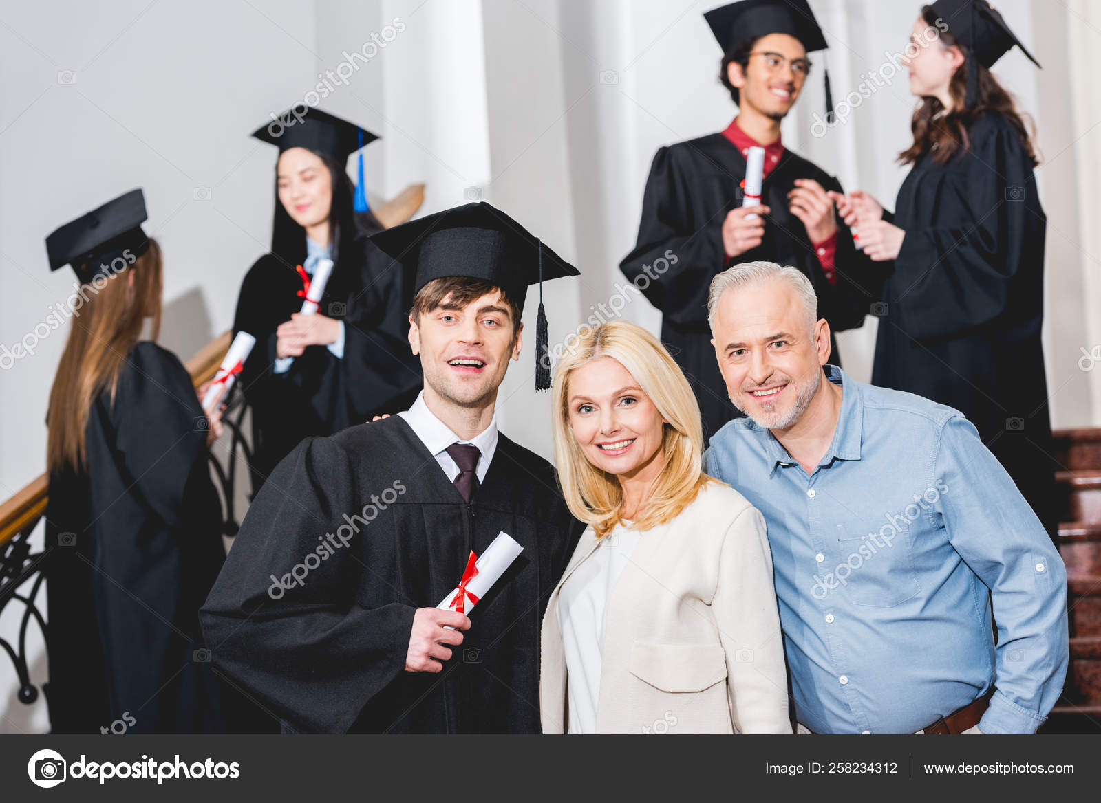 Selective Focus Happy Son Graduation Cap Standing Cheerful Parents ...