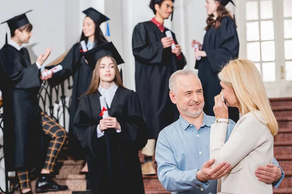 Selective Focus Happy Son Graduation Cap Standing Cheerful Parents ...