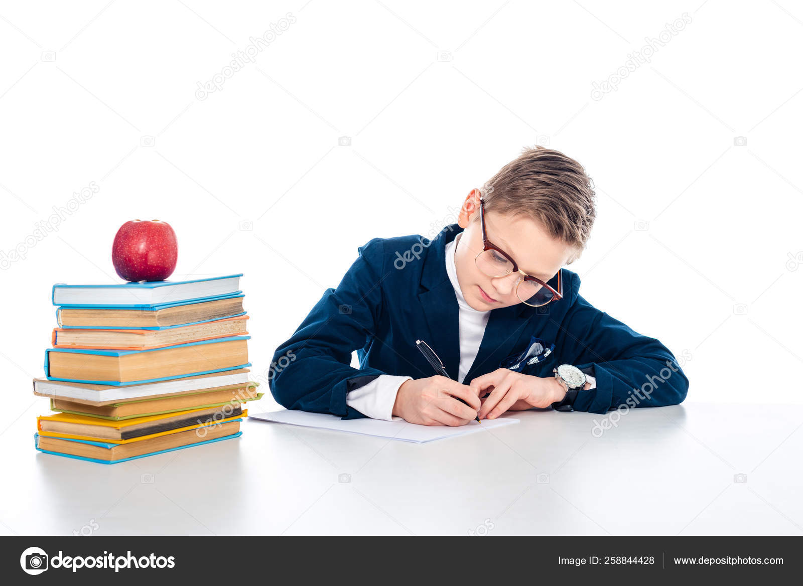 Schoolboy Glasses Sitting Desk Books Writing Isolated White — Stock ...