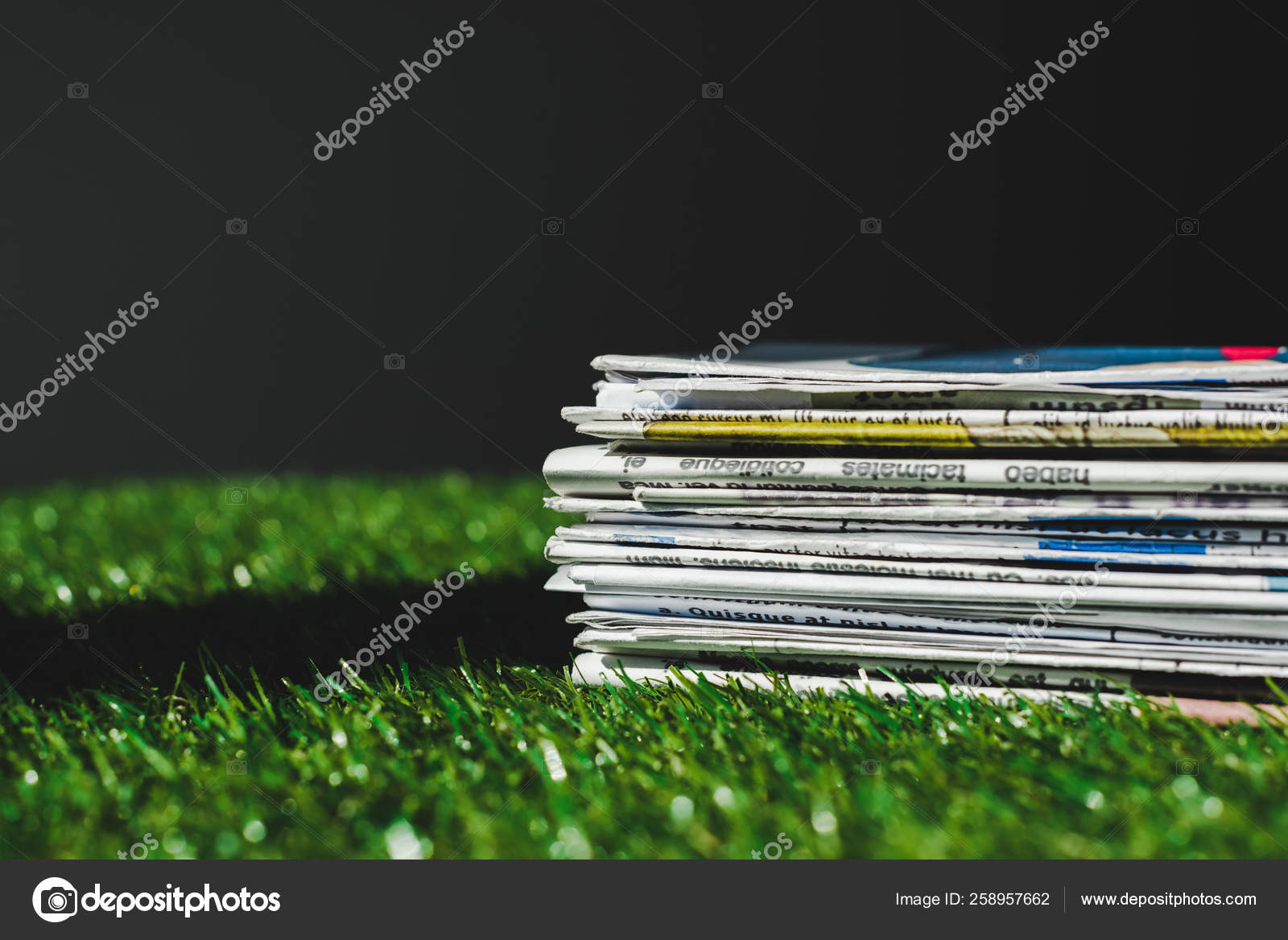 Stack Different Print Newspapers Fresh Green Grass Isolated Black ...