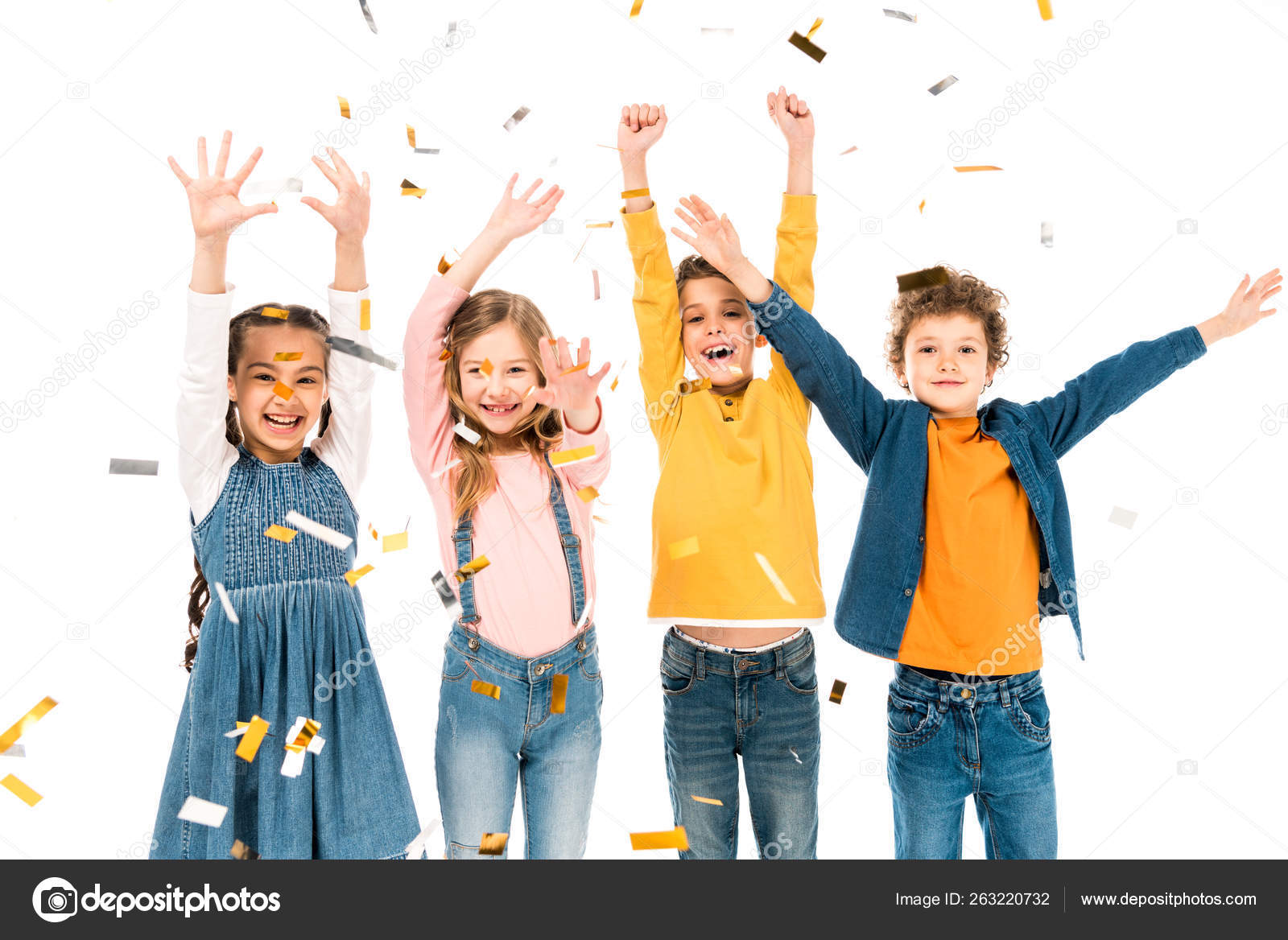 Four Happy Kids Waving Hands Confetti Isolated White Stock Photo by ...