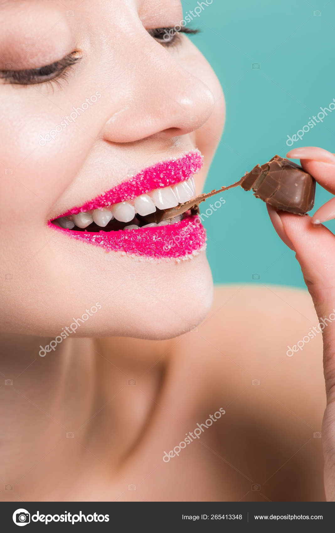 Cropped View Cheerful Woman Eating Chocolate Candy Isolated Blue ...