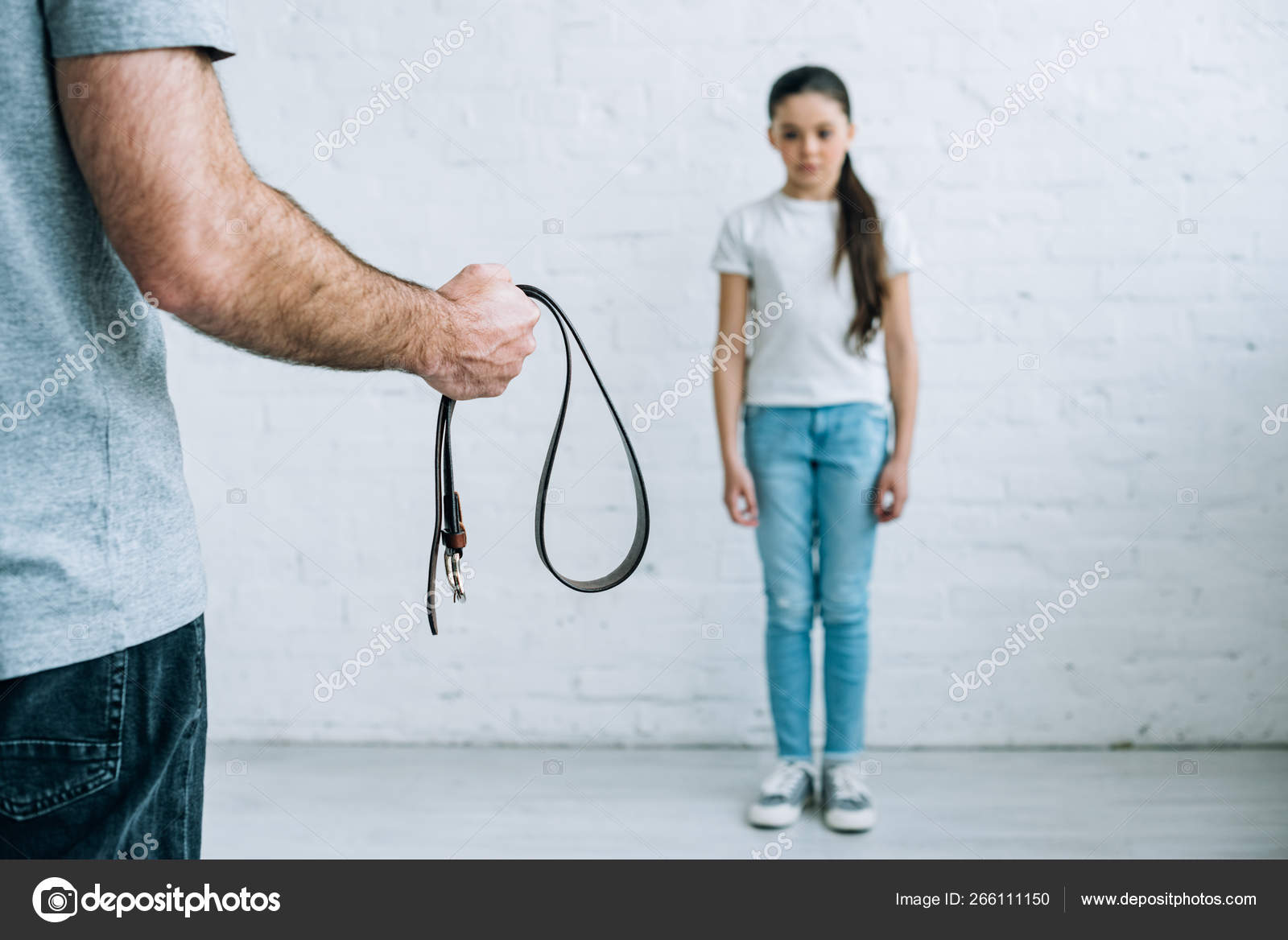 Cropped View Father Holding Belt Upset Daughter Home — Stock Photo ...