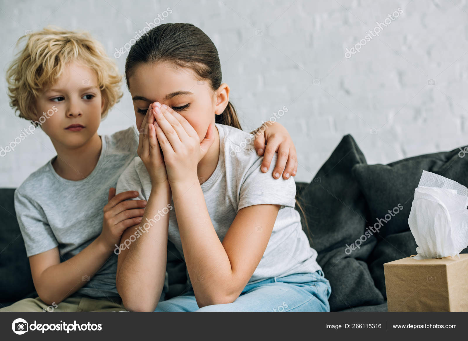 Little Brother Consoling Crying Sister Living Room Stock Photo by ...