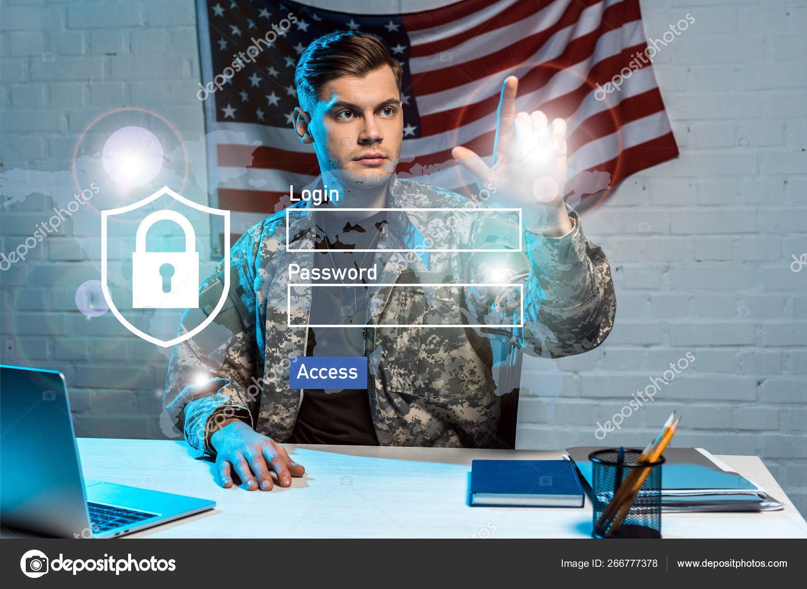 Handsome Soldier Uniform Pointing Finger Login Password Lettering ...