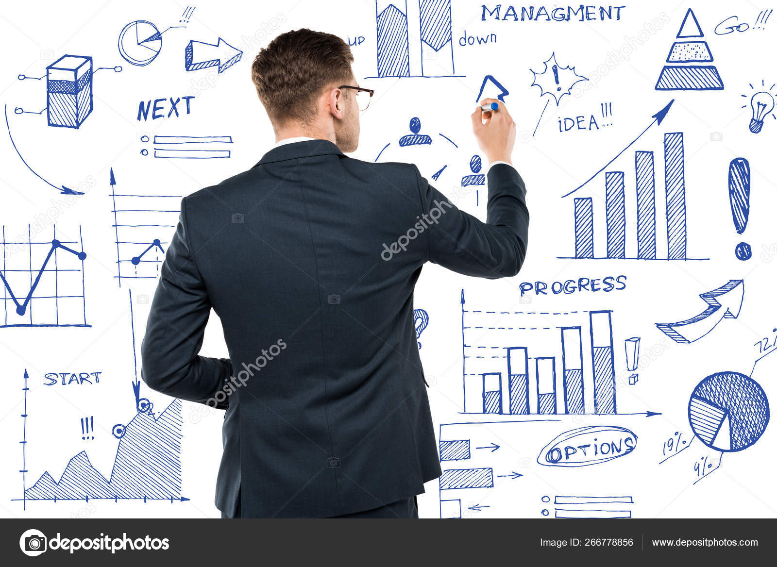 Back View Businessman Holding Marker Pen Charts Graphs Isolated White ...